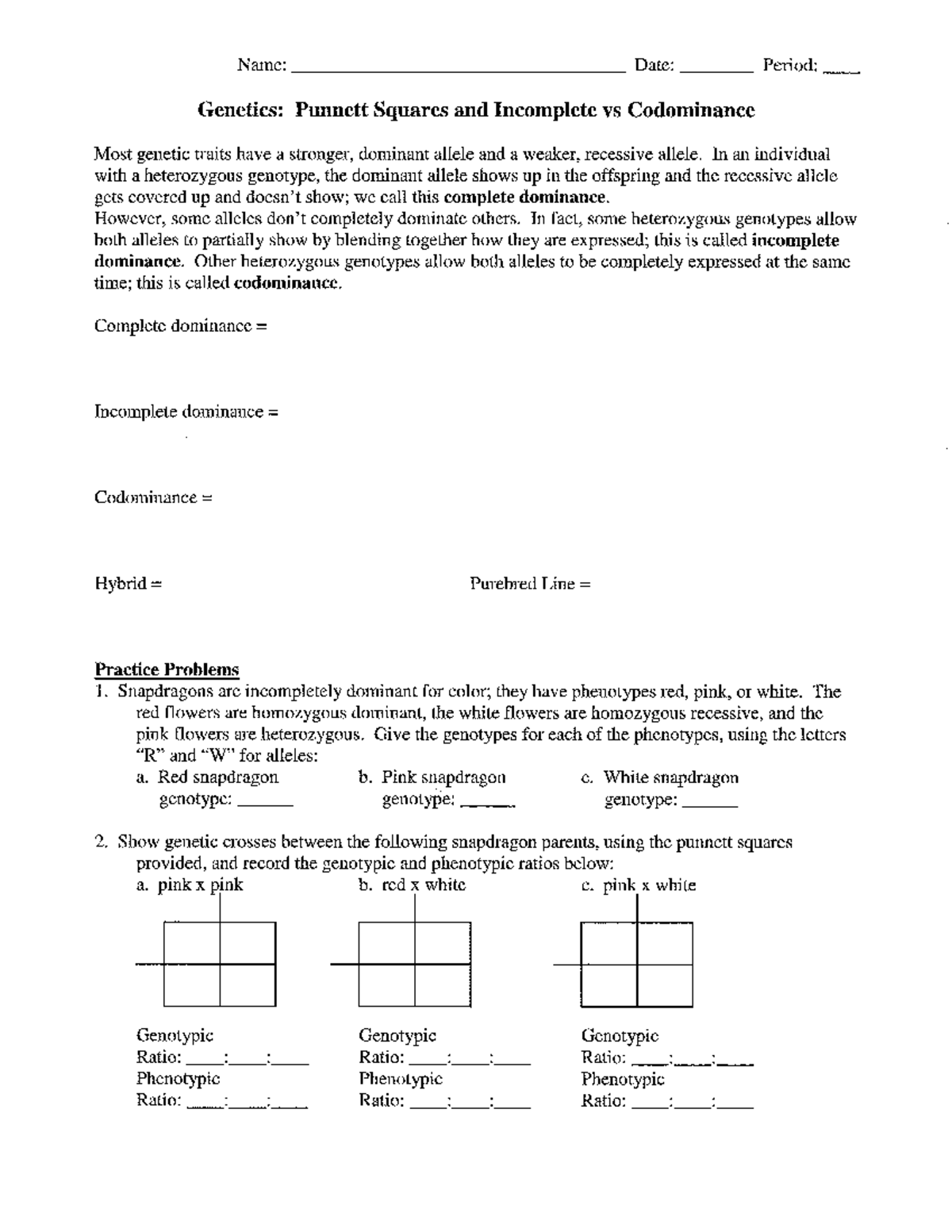 Genetics: Punnett Squares, Incomplete Dominance & Codominance (BIO101 ...