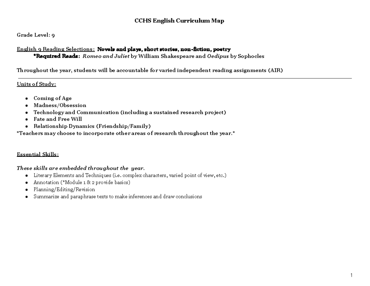 Curriculum Map for English 9-12 - CCHS English Curriculum Map Grade ...