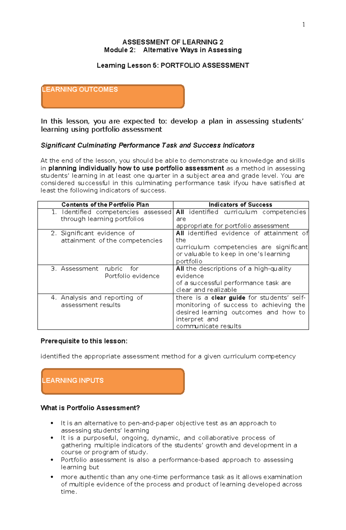 1 ASSESSMENT OF LEARNING 2: Module 2 - Portfolio Assessment Guide - Studocu