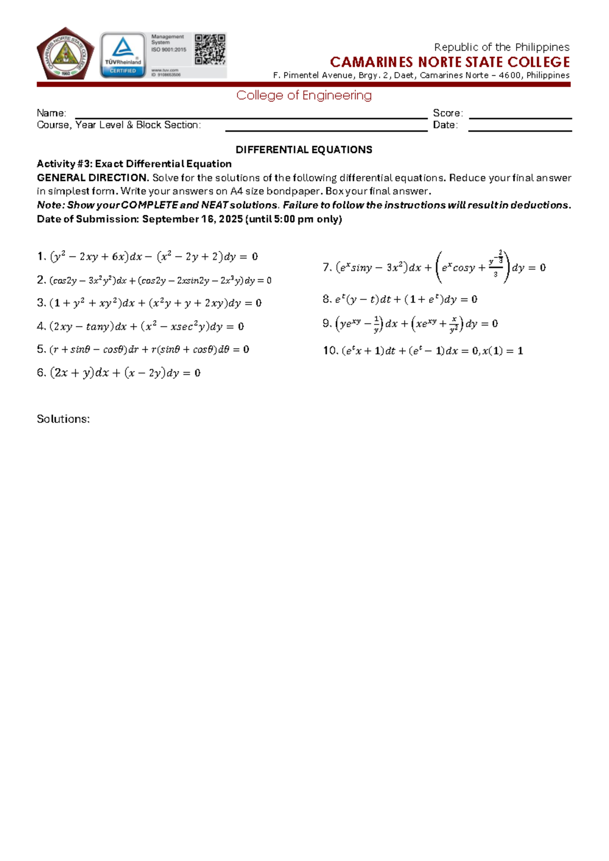 Differential Equations Activity (ENGR 101) - Exact Solutions - Studocu