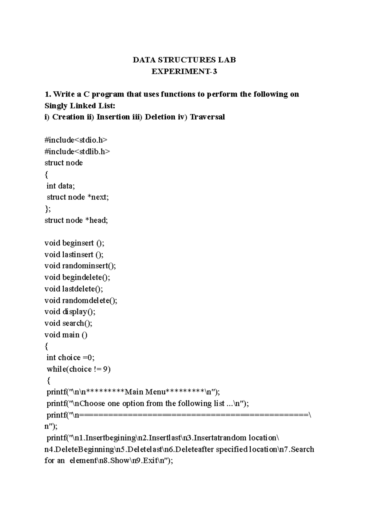 DATA STRUCTURES LAB 1: C Program for Singly Linked List Operations ...