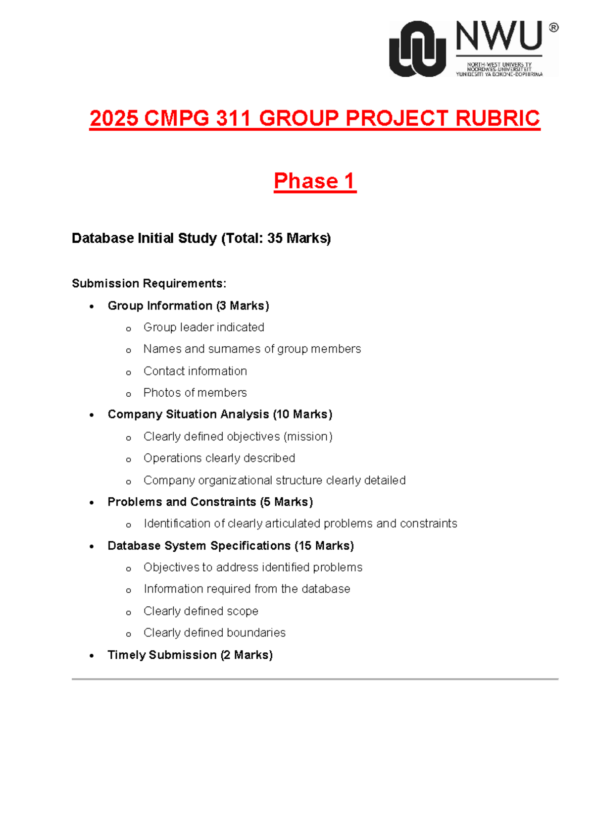 CMPG 311 Group Project Rubric & Final Report Guidelines 2025 - Studocu