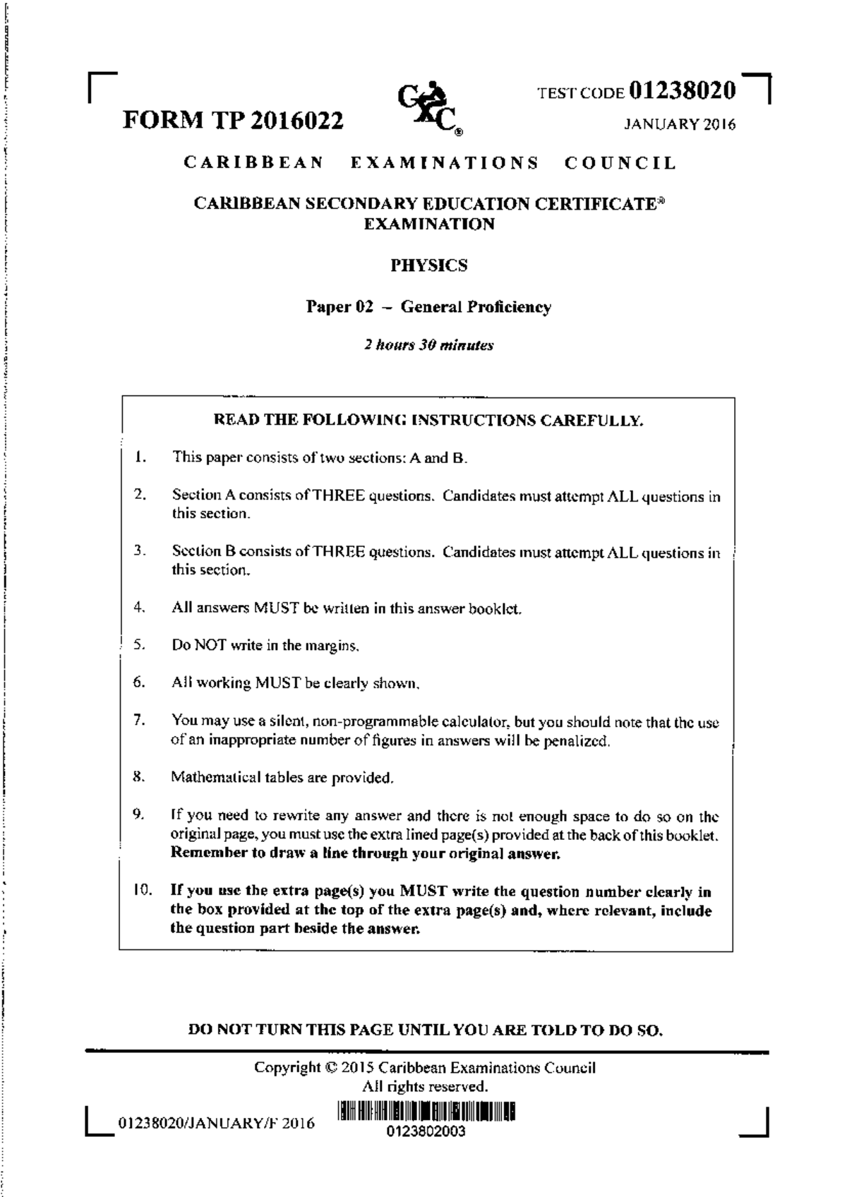 CSEC Physics Paper 02 General Proficiency JAN 2016 - Studocu