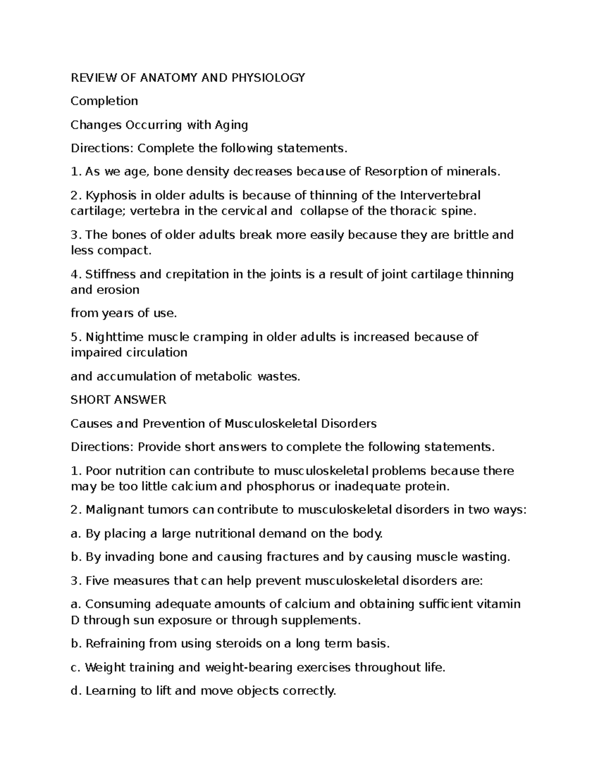 Chapter 31 Study Guide: Anatomy & Physiology of Aging and ...