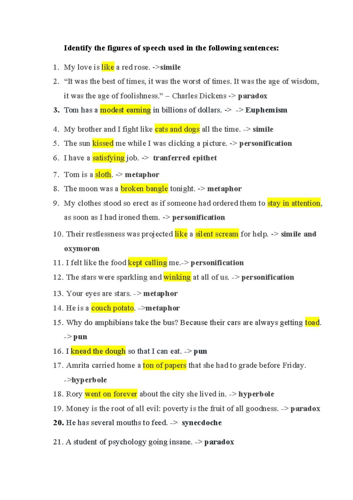 Figures of Speech Exercise: Identifying Literary Devices - Studocu