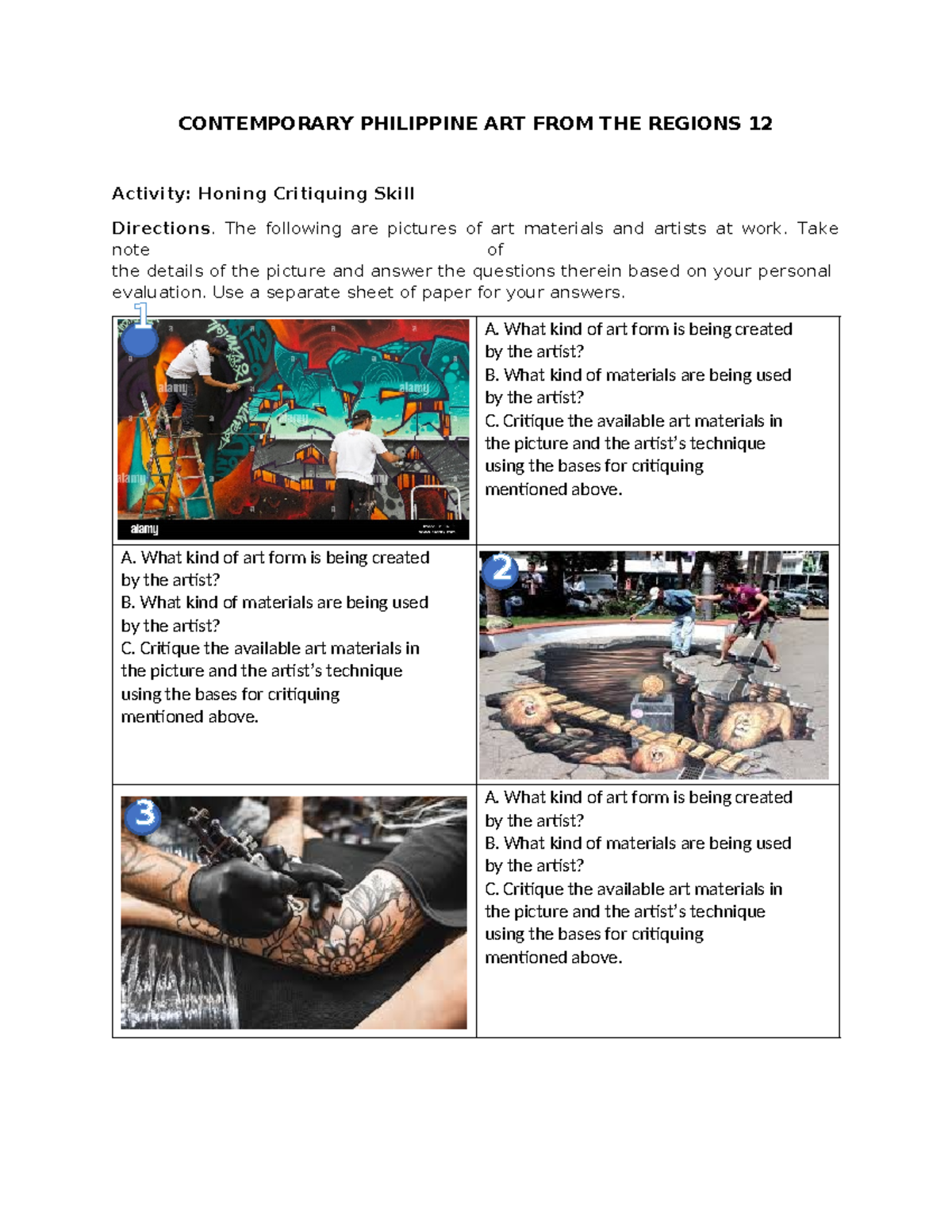 CPAR 12 Activity: Critiquing Contemporary Philippine Art Techniques ...