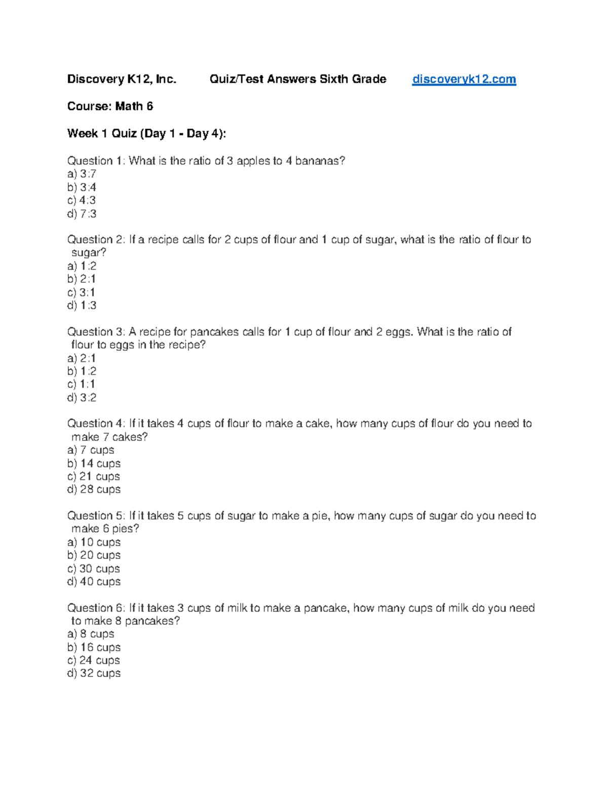 Sixth Grade Math 6 Quizzes: Weeks 1-13 Overview - Studocu