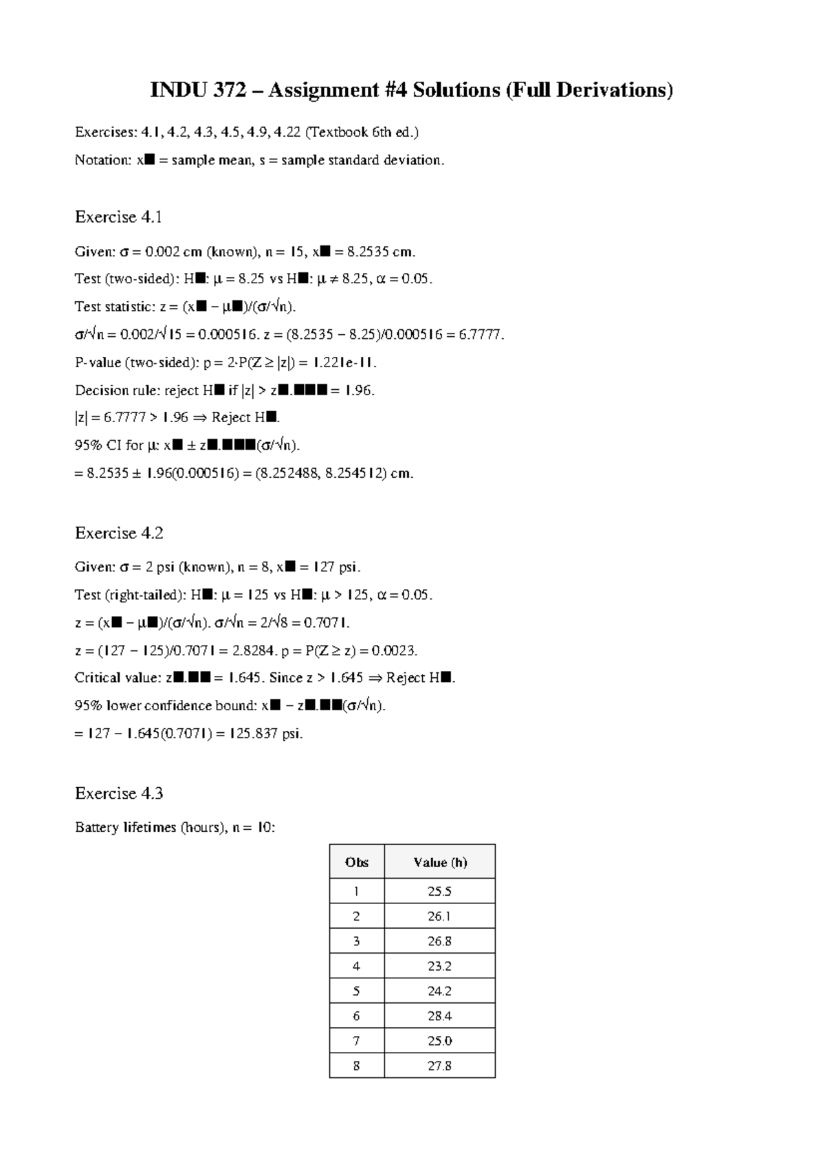 INDU 372 Assignment 4 Solutions: Detailed Derivations and Exercises ...