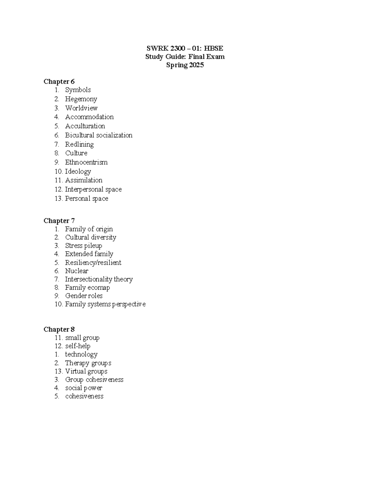 SWRK 2300 – 01: HBSE Study Guide for Final Exam Spring 2025 - SWRK 2300 ...