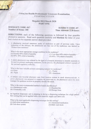 COC Part I 2023 - COC Exam - Ministry of Health Ethiopian Health Professionals’ Licensure - Studocu