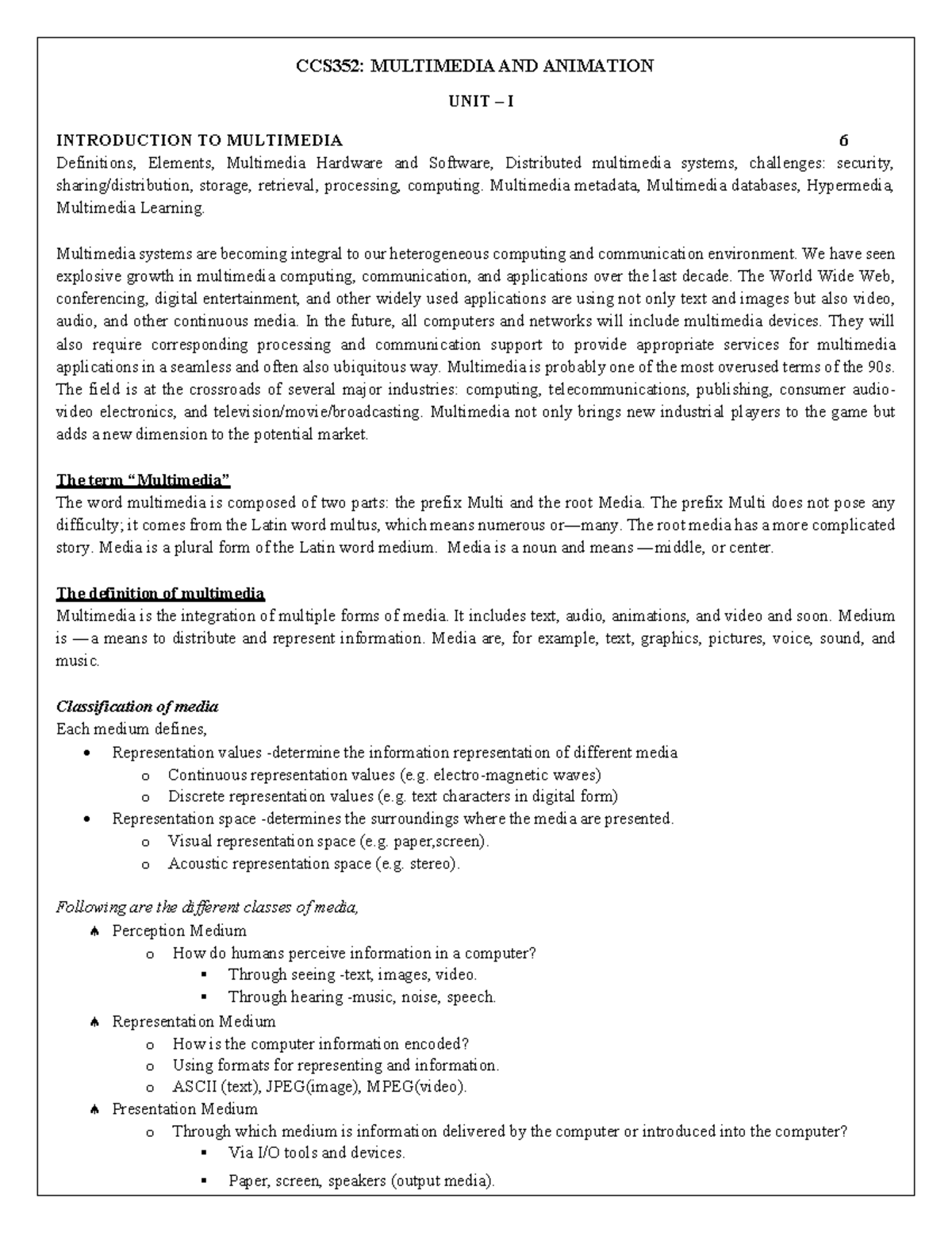 CCS352: Multimedia & Animation - Unit I Overview & Key Concepts - Studocu