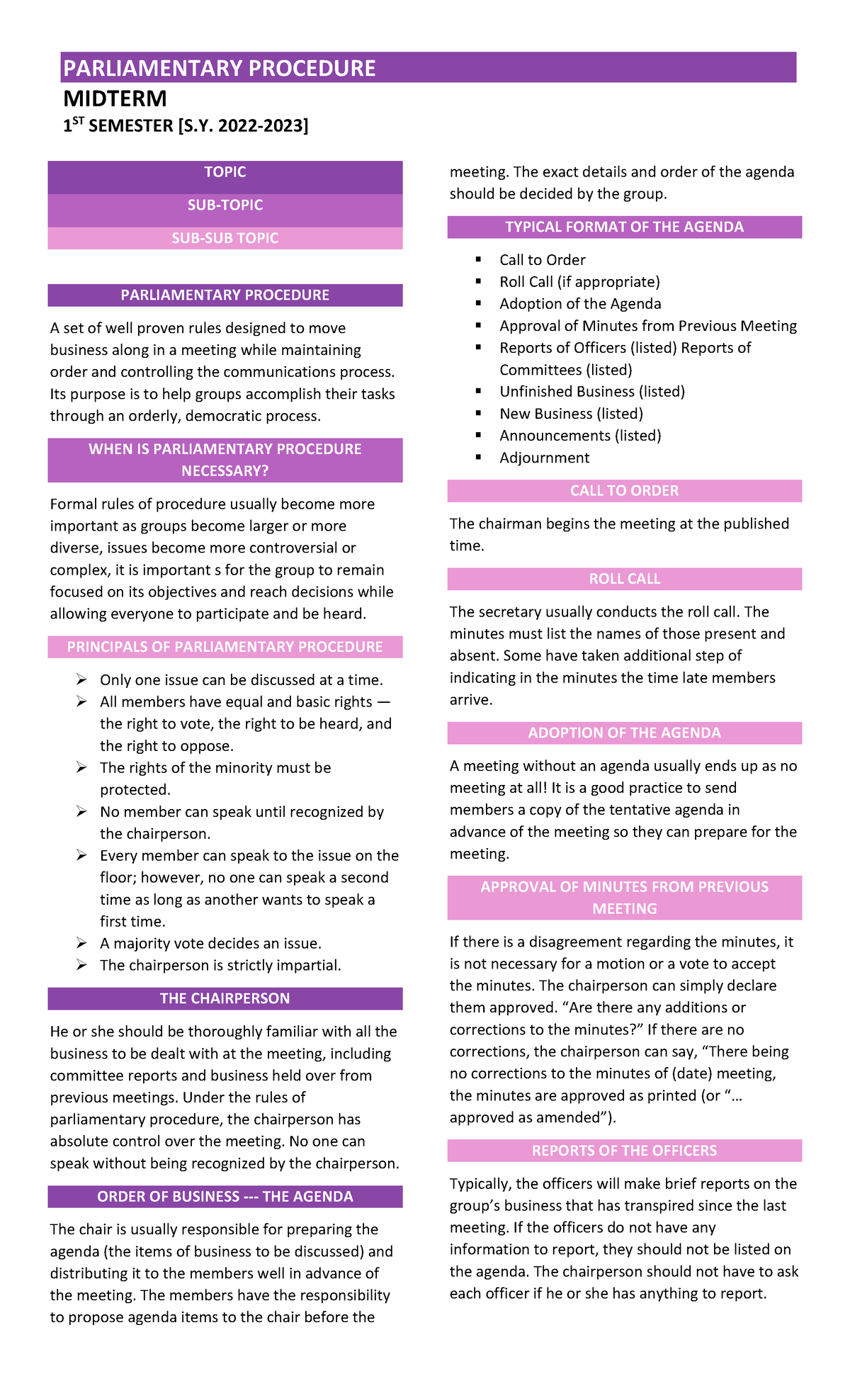 Midterm - Notes for Parliamentary Procedure/ AGENDA - PARLIAMENTARY ...