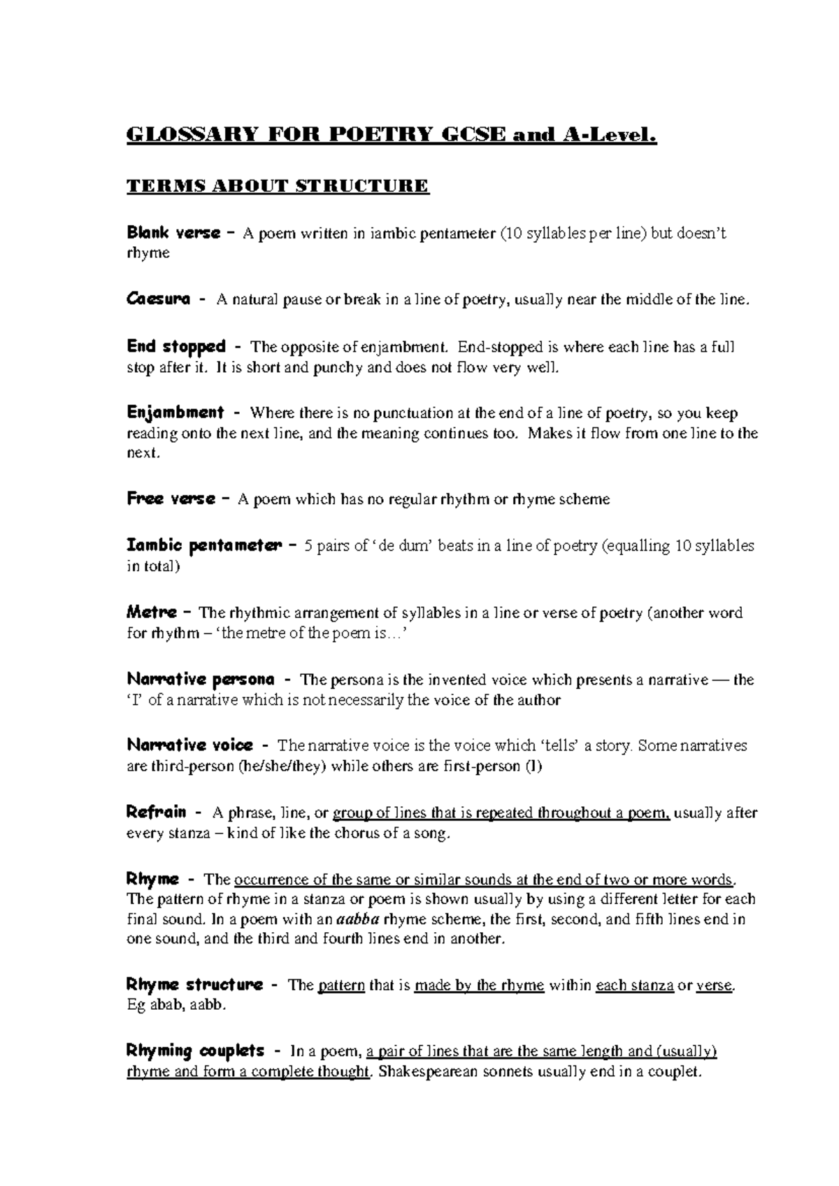 GCSE Poetry Glossary: Key Terms and Structures Explained - Studocu