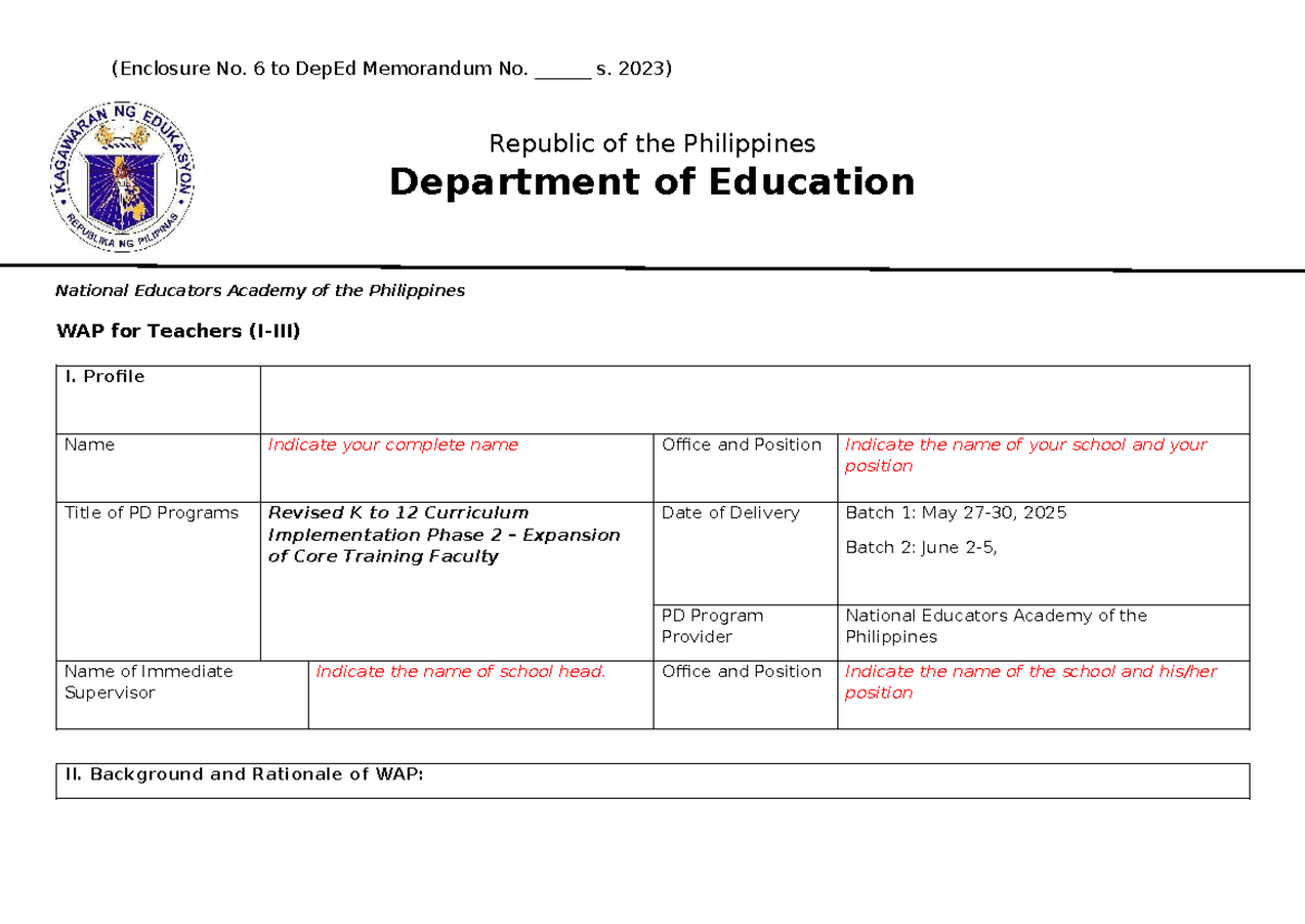 WAP for Teachers: Expansion Training on Revised K to 12 Curriculum ...