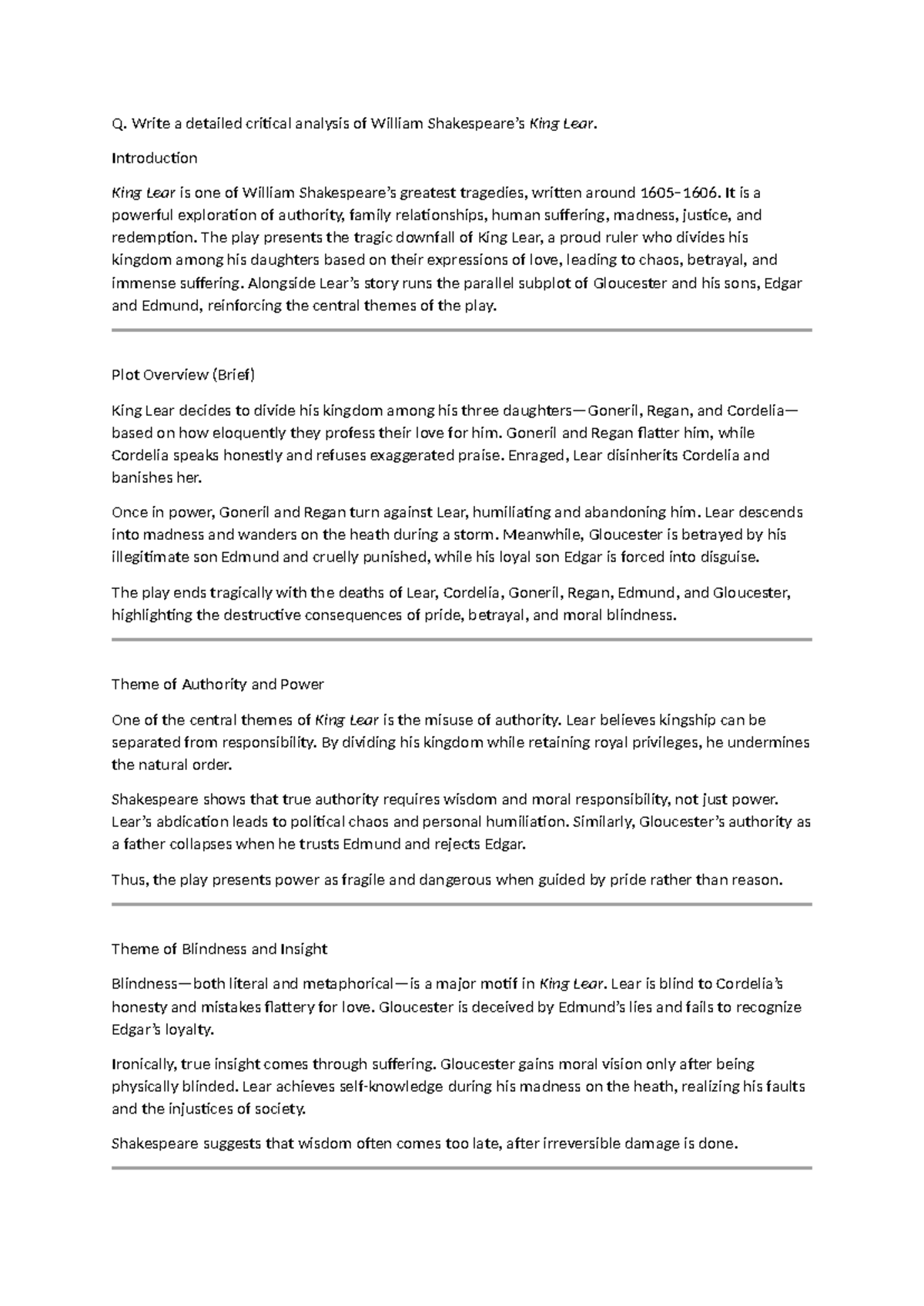 King Lear - A Critical Analysis of Shakespeare's Tragedy - Studocu