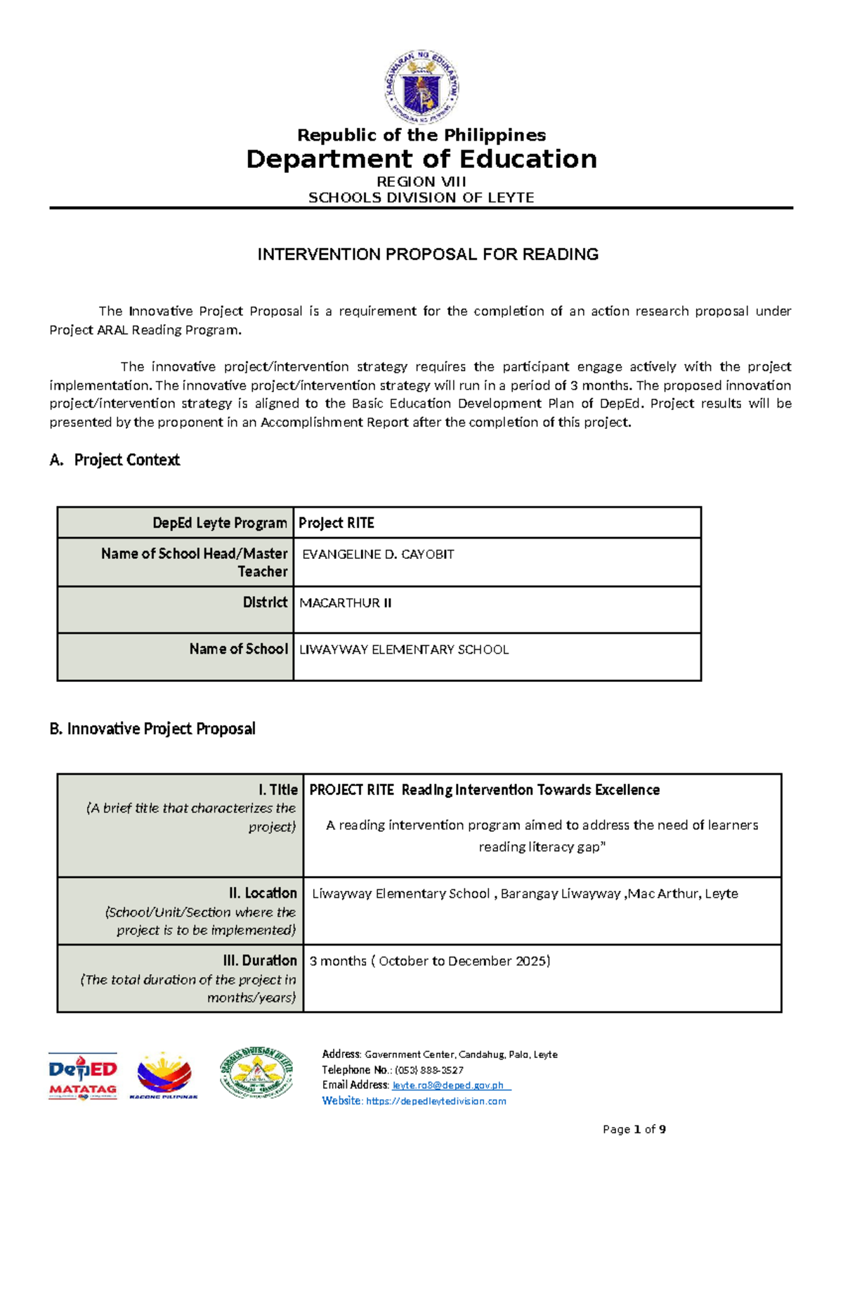 Intervention Proposal for Reading: Project RITE (DepEd Leyte) - Studocu