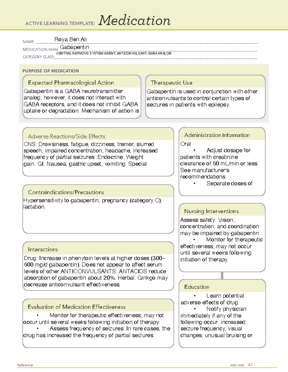 Gabapentin Medication Template - Active Learning 101 - Studocu
