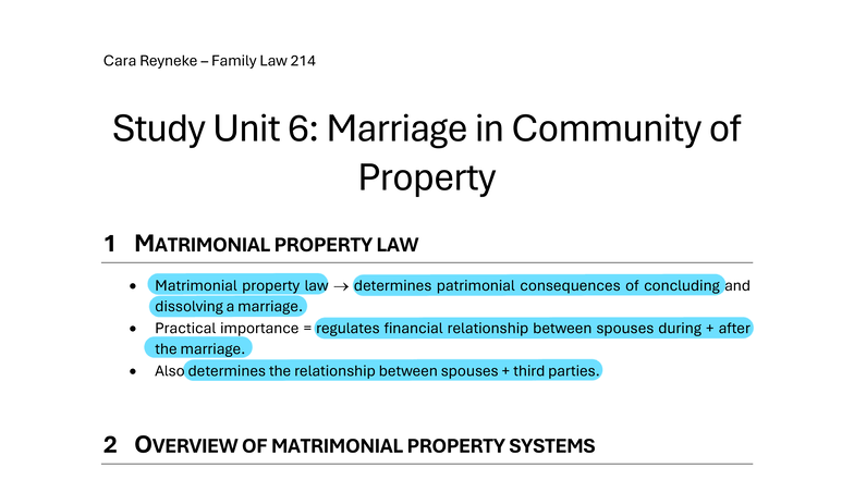 Family Law 214 Study Unit 6: Marriage in Community of Property - Studocu