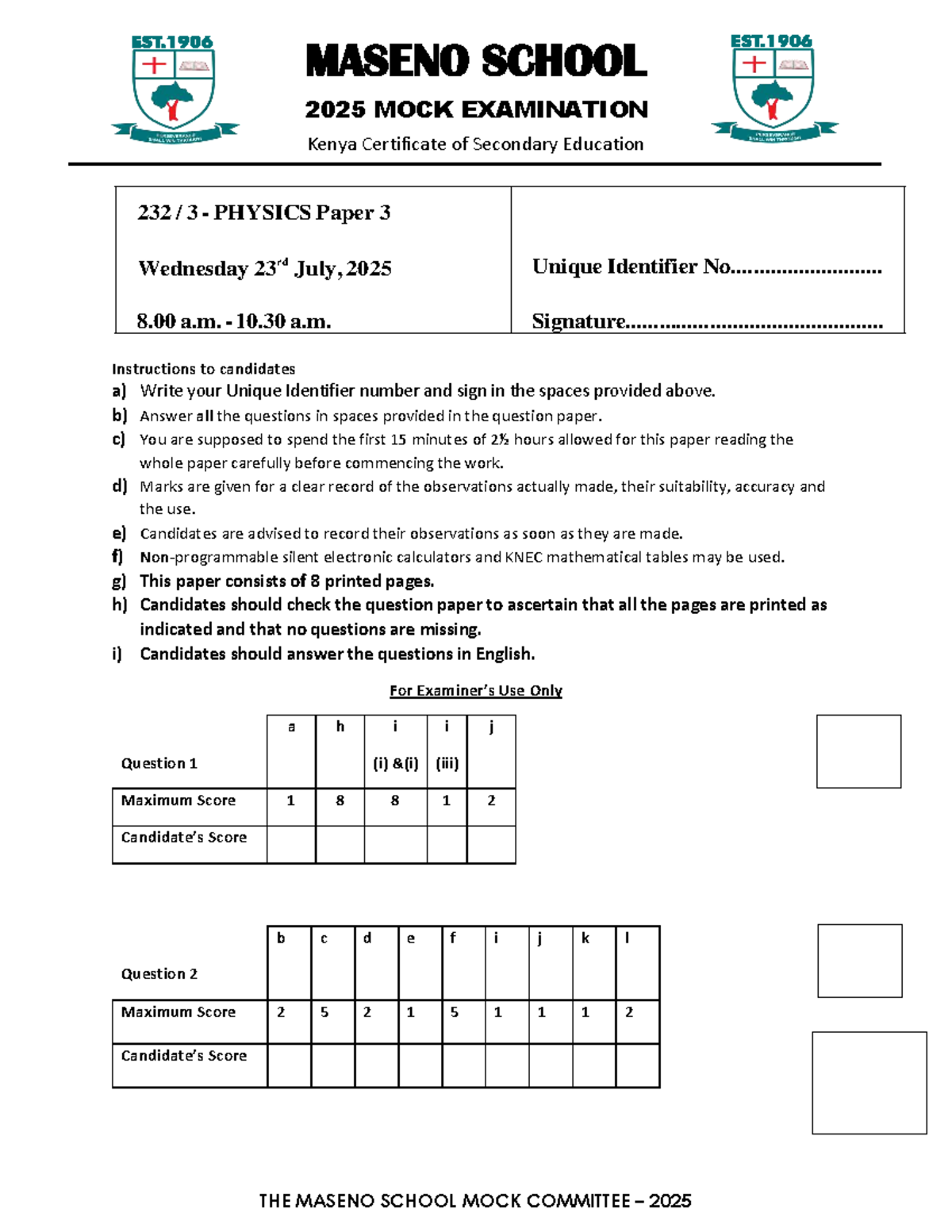 Maseno School 2025 Mock Exam - KCSE Physics Paper 3 - Studocu