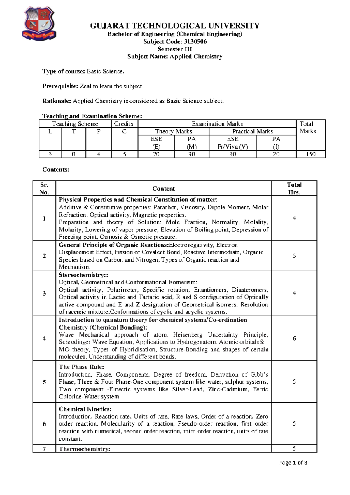 3130506 - Applied Chemistry Syllabus for Chemical Engineering - Studocu
