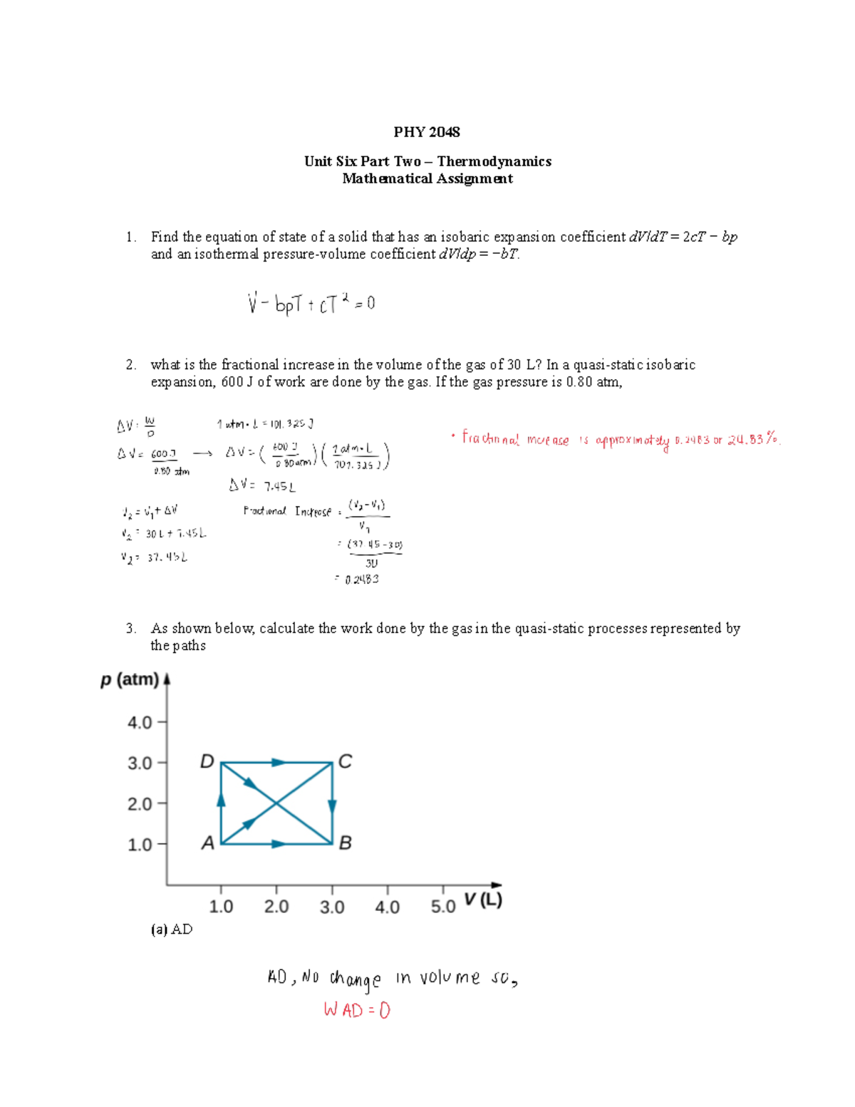 PHY 2048 Unit 6 Part 2 Thermodynamics Mathematical Assignment - Studocu