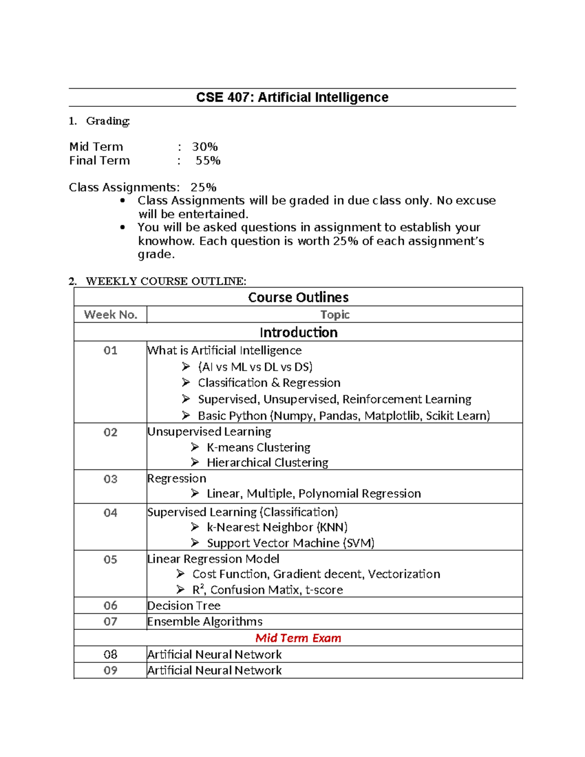 CSE 407: AI Course Outline & Mid Term Exam Details - Studocu