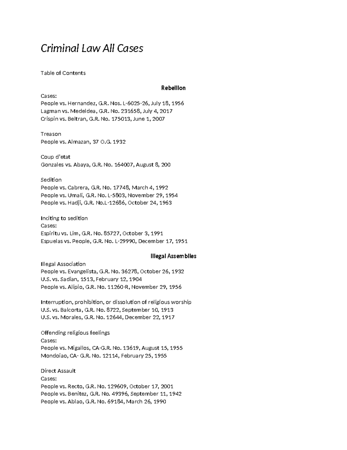 Criminal Law Cases Compilation for Course Code CL 101 - Studocu