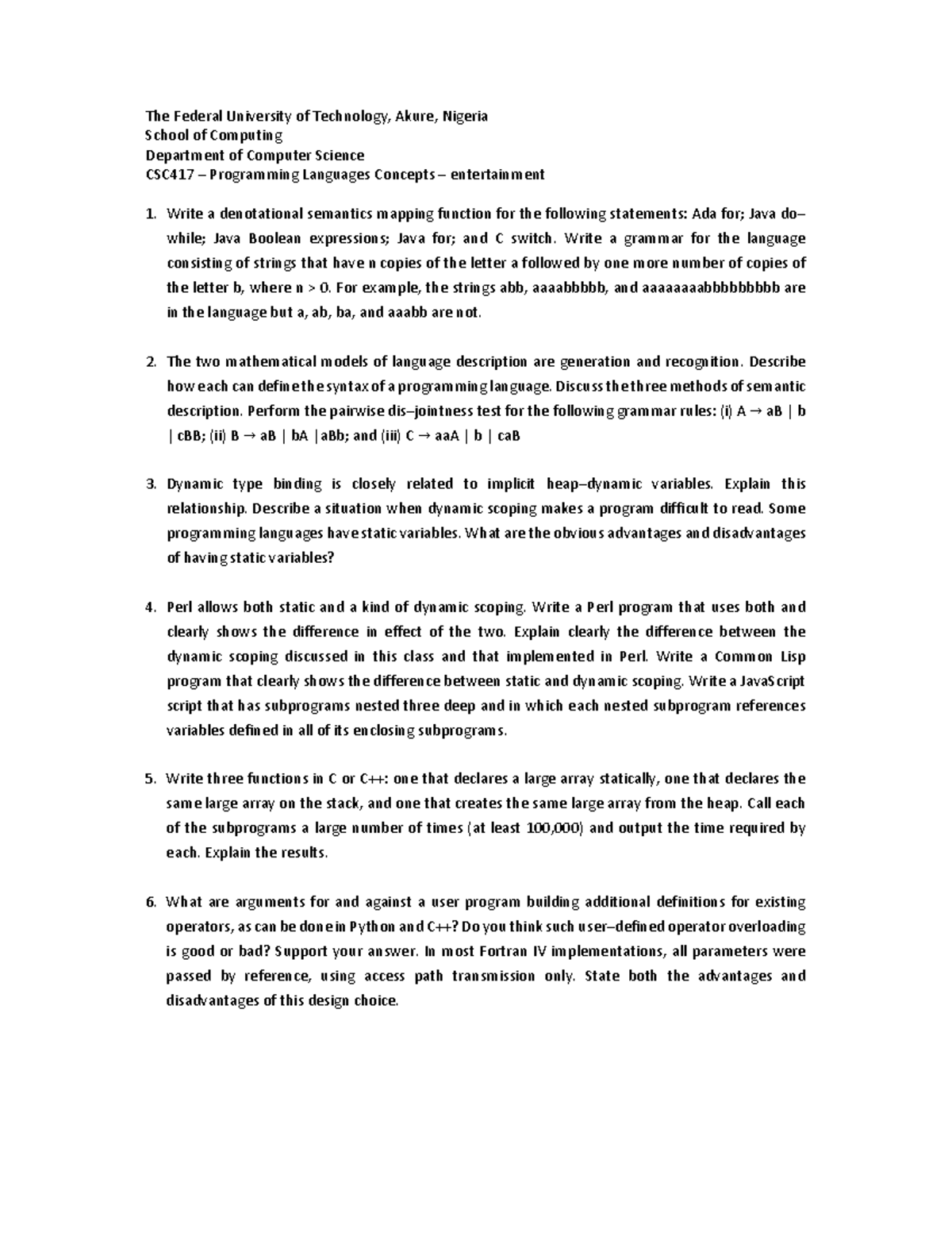 Csc417 programming languages concepts entertainment - The Federal University of Technology ...