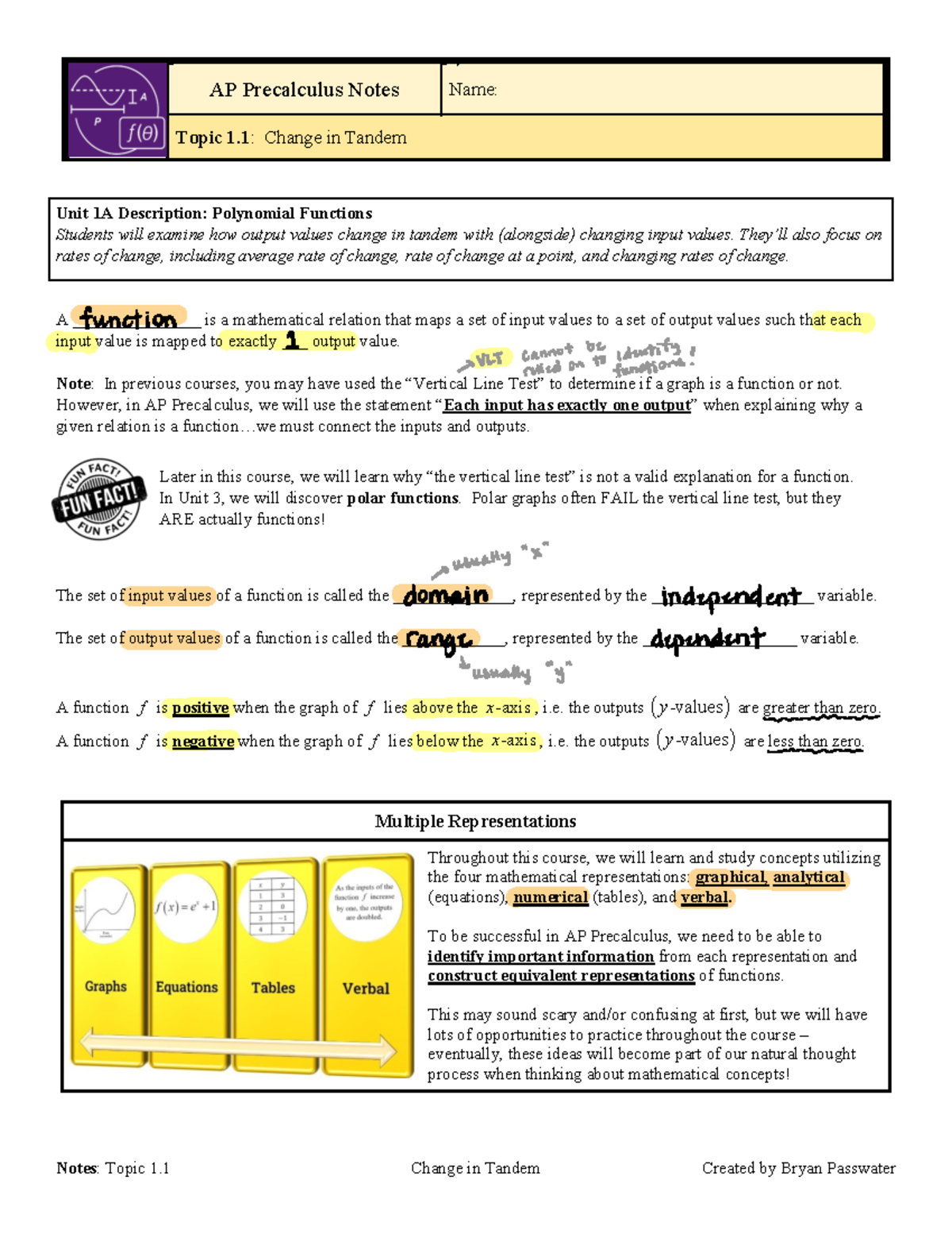 AP Precalculus Notes: Change in Tandem and Function Behavior - Studocu