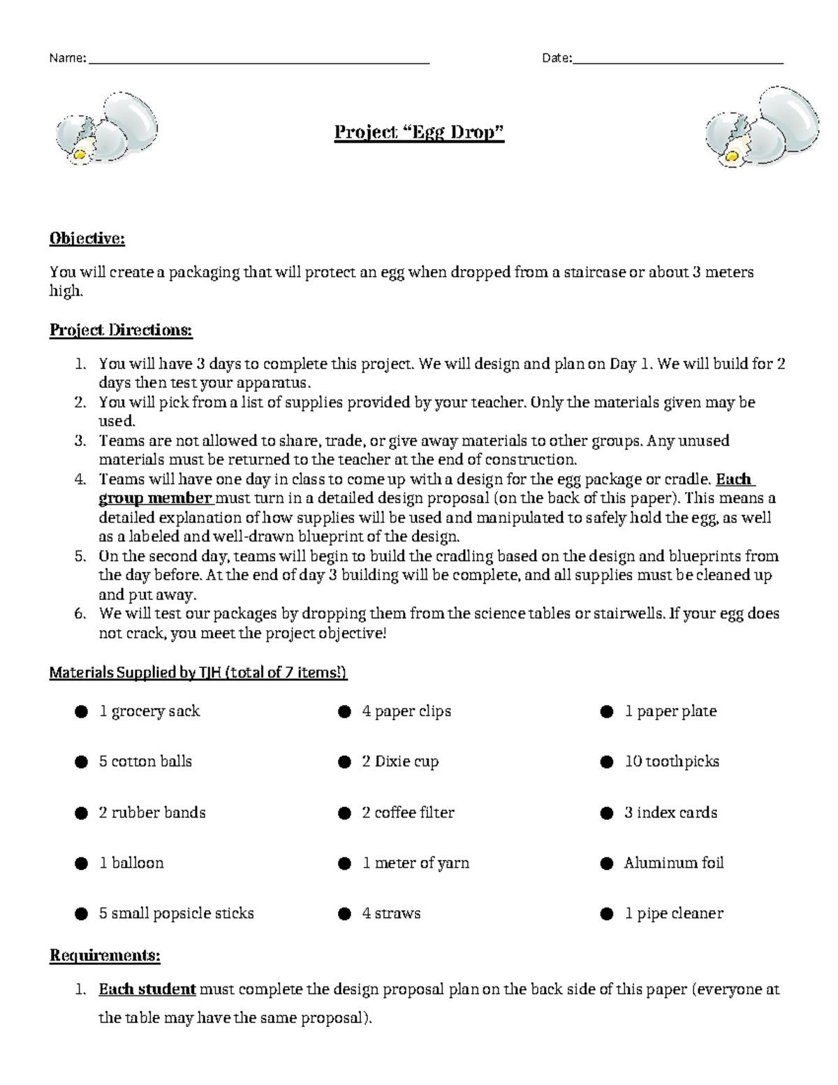 Copy of KVA Egg Drop Project - Name