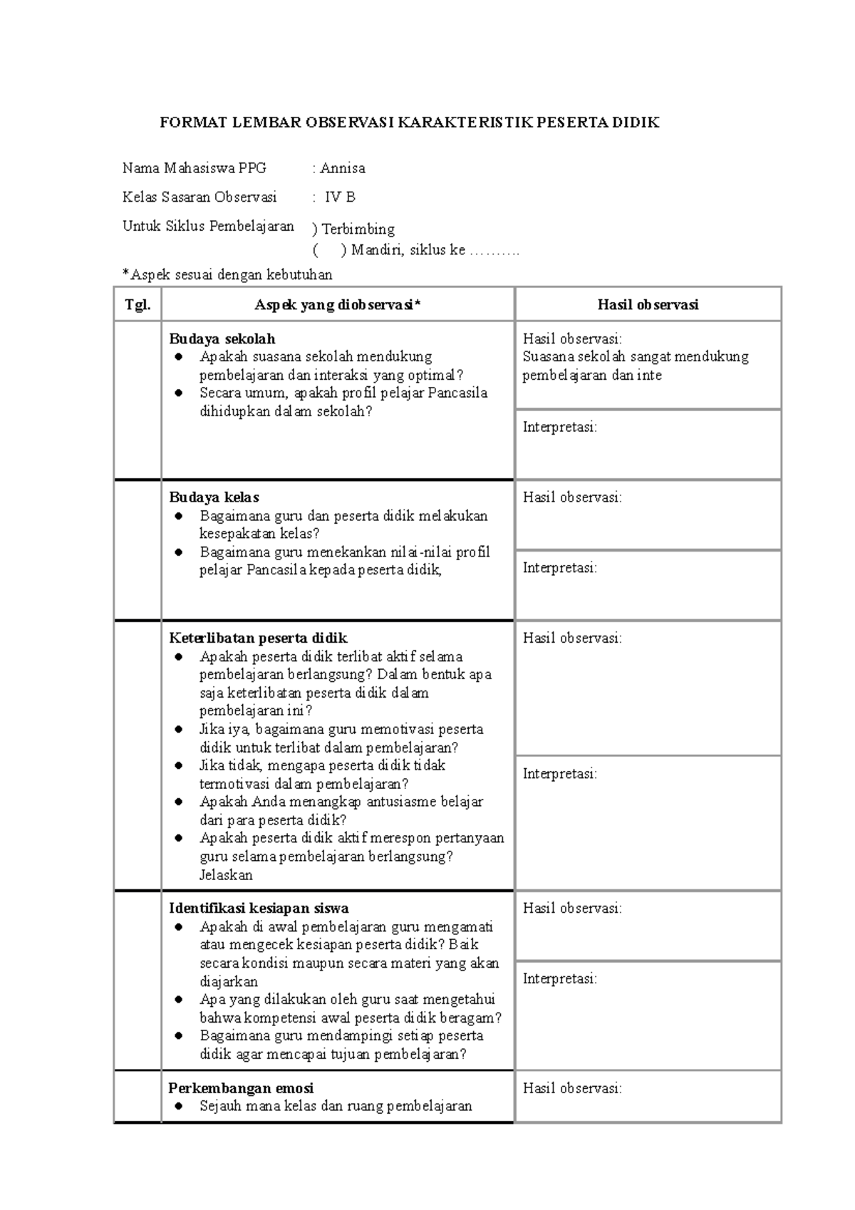 Format Observasi Karakteristik Peserta Didik PPG Kelas IV B - Studocu