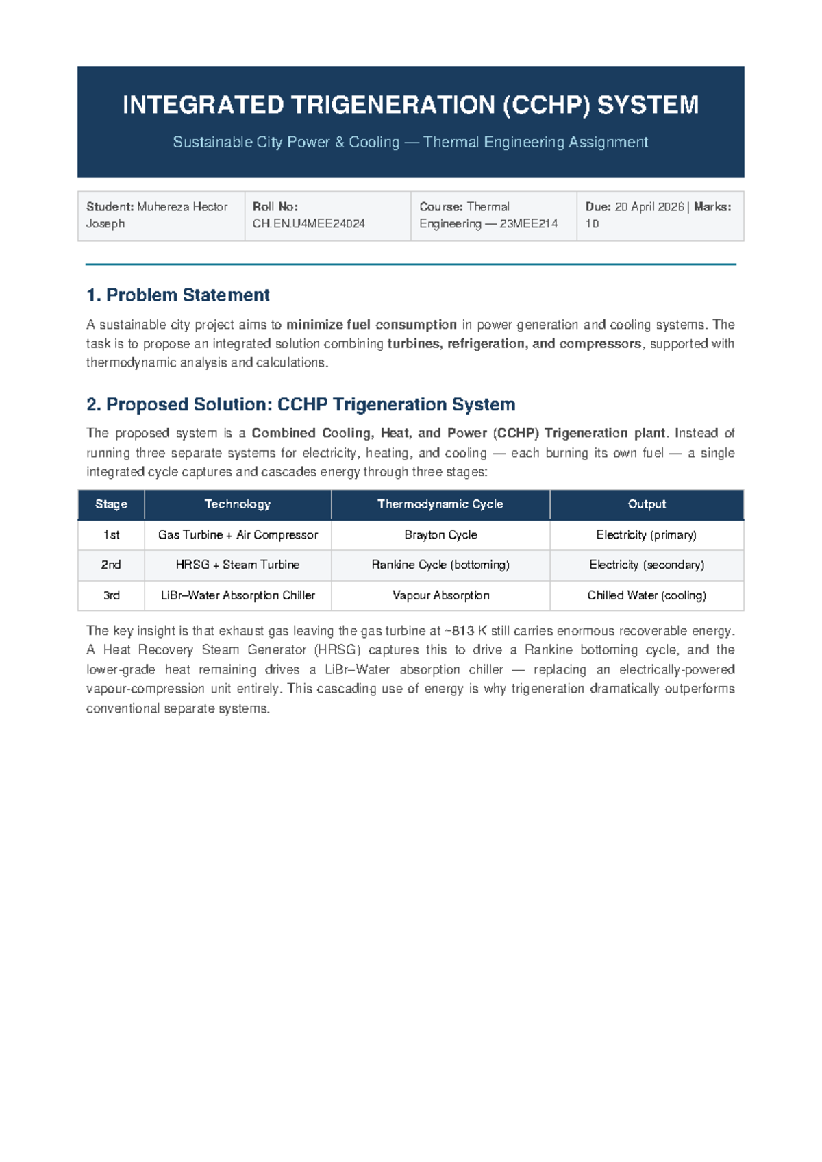 CCHP Trigeneration System Report - Thermal Engineering 23MEE214 - Studocu