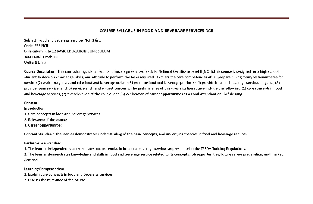 Course Syllabus: Food & Beverage Services NCII (FBS NCII) - Studocu