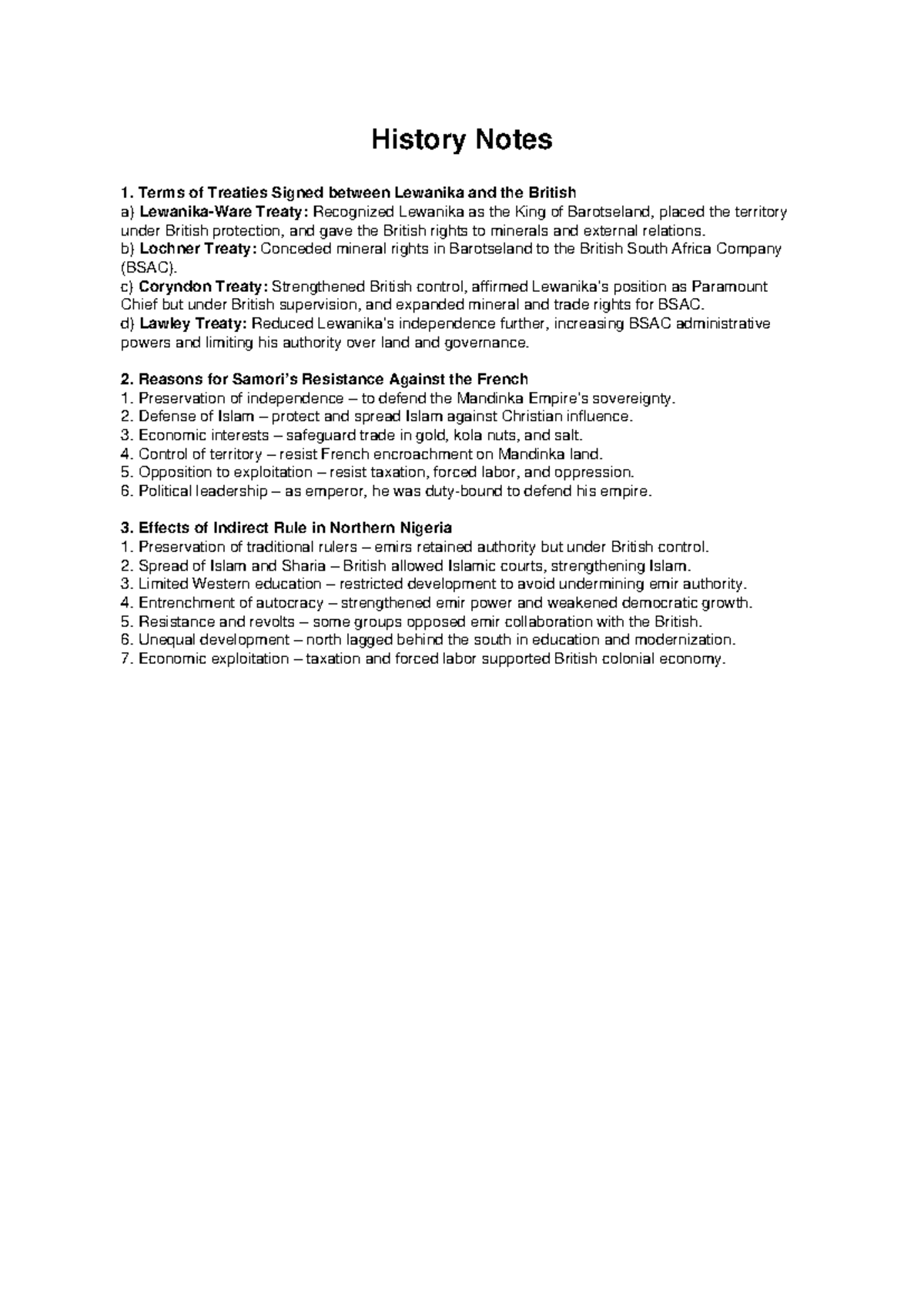 History Notes: Treaties with Lewanika & Resistance in West Africa - Studocu