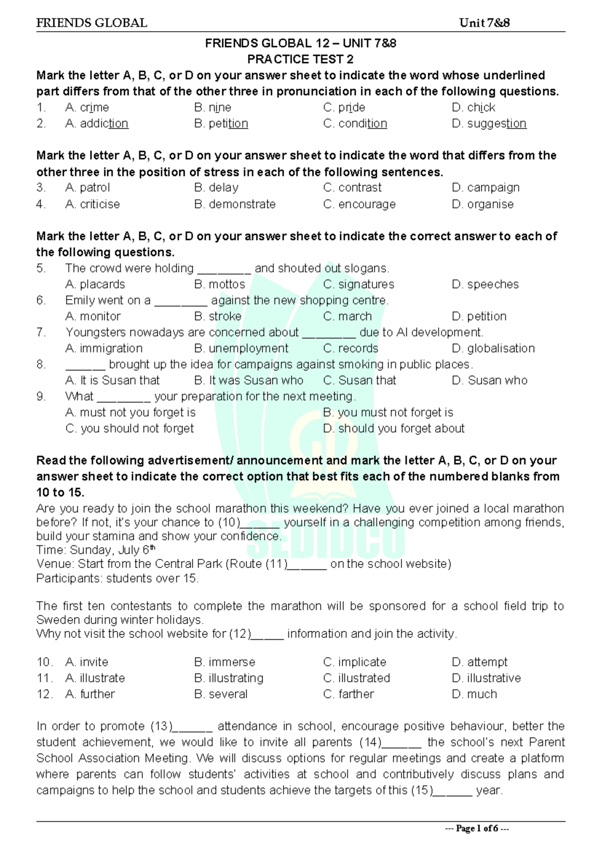 FG12 Unit 7 & 8 Practice Test 2: Pronunciation, Stress, and ...