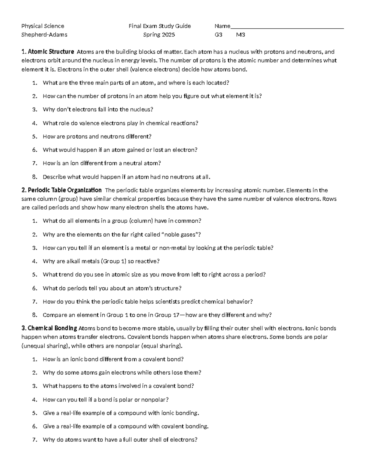 Final Exam Study Guide for HONORS Physical Science - FEX Spring 2025 ...