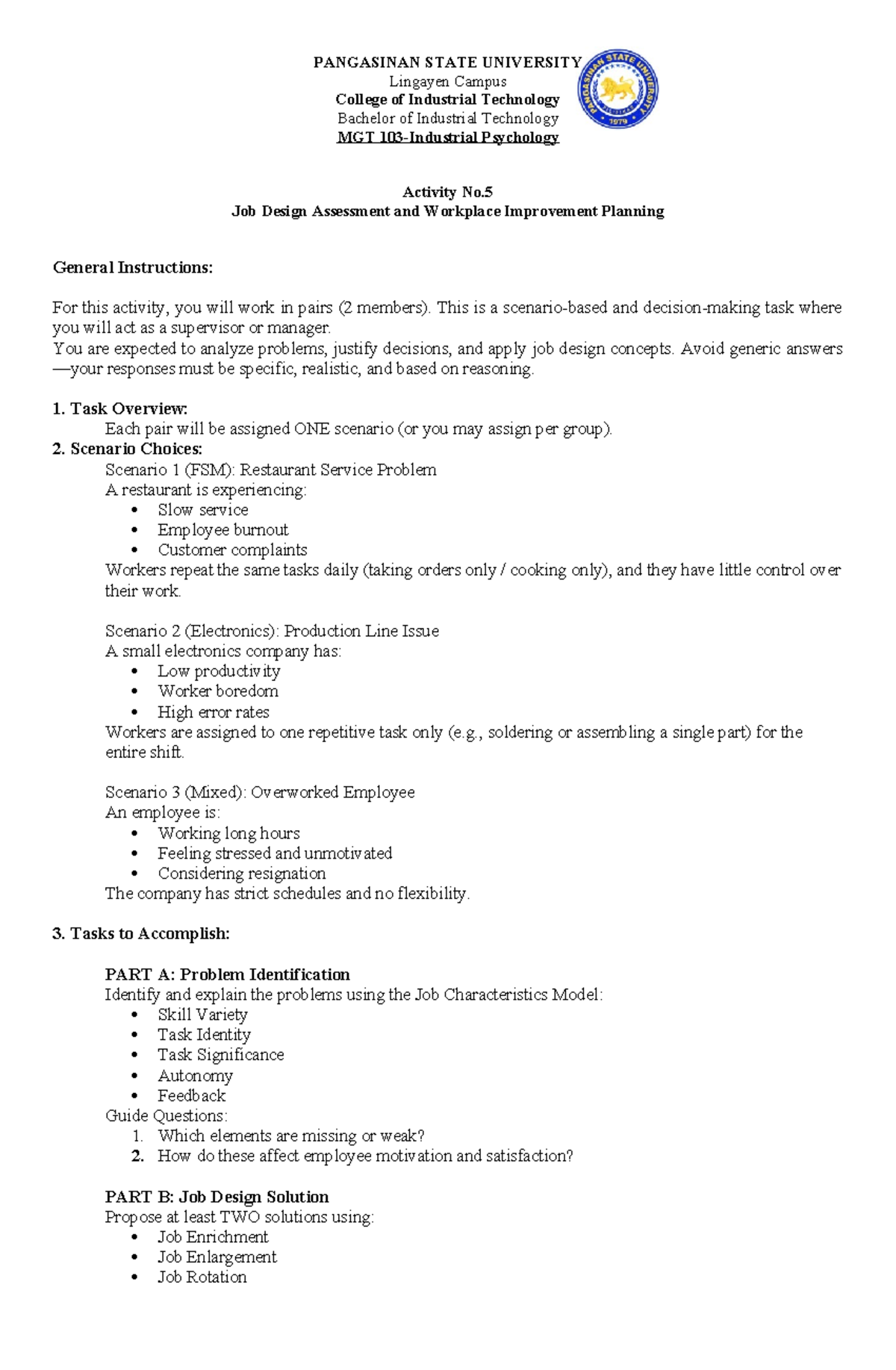MGT 103 - Activity #5: Job Design & Workplace Improvement Planning ...