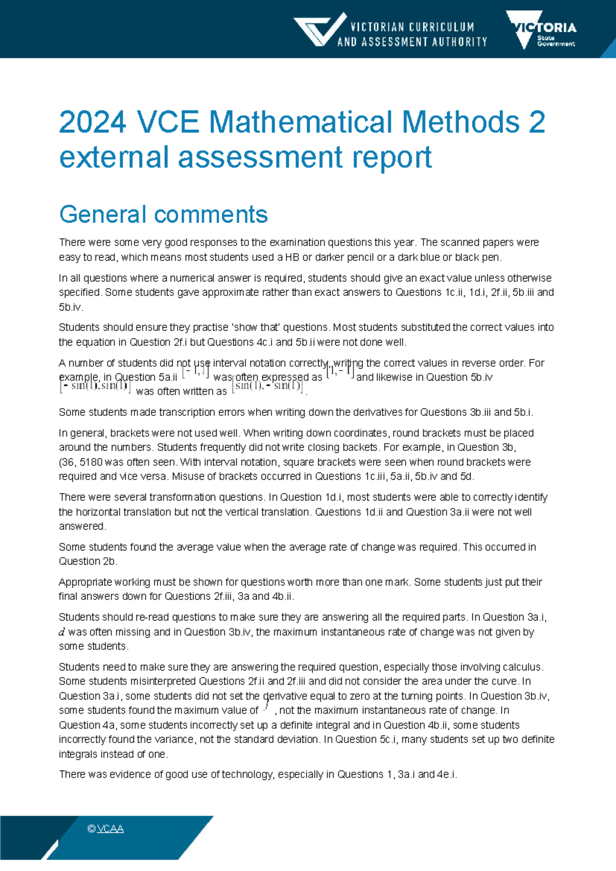 2024 VCE Mathematical Methods 2 External Assessment Report Insights ...