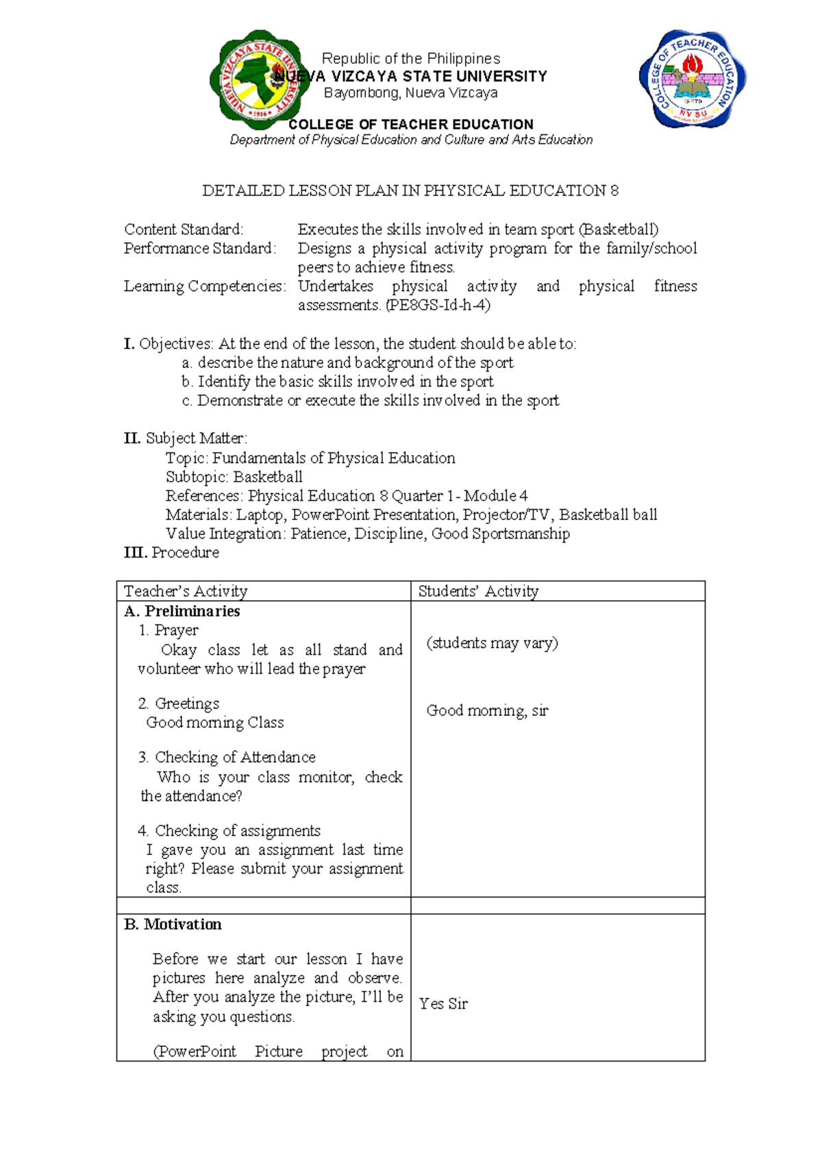 Detailed Lesson Plan in PE 8: Fundamentals of Basketball - Studocu