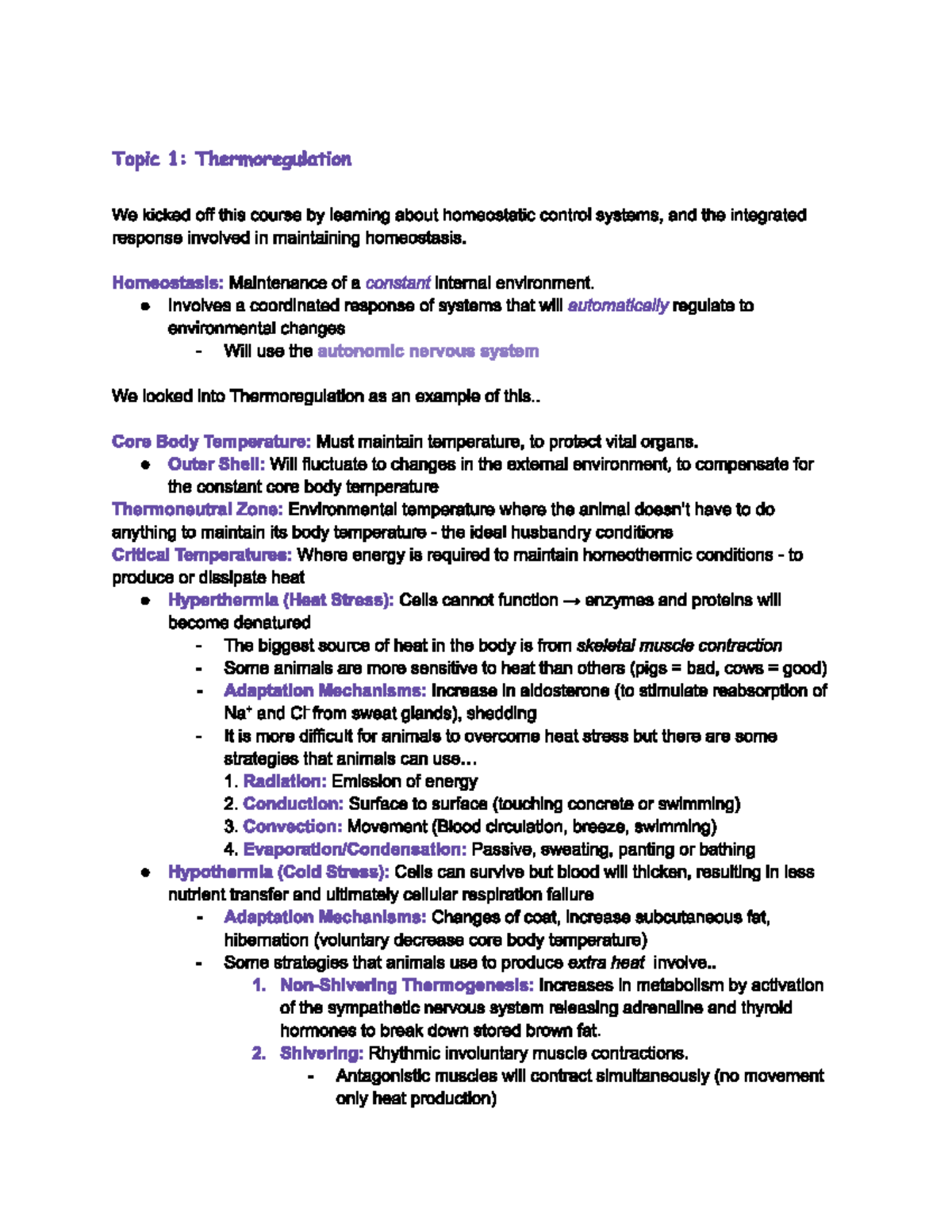 Thermoregulation Notes: Homeostasis & Adaptation Mechanisms - Studocu