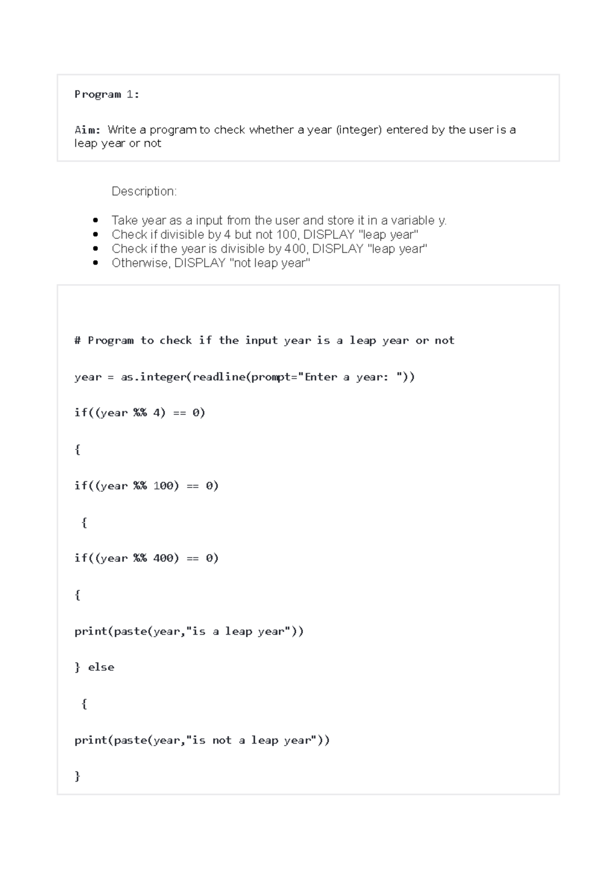 R programming lab manual - Program 1: Aim:leap year or not Write a ...