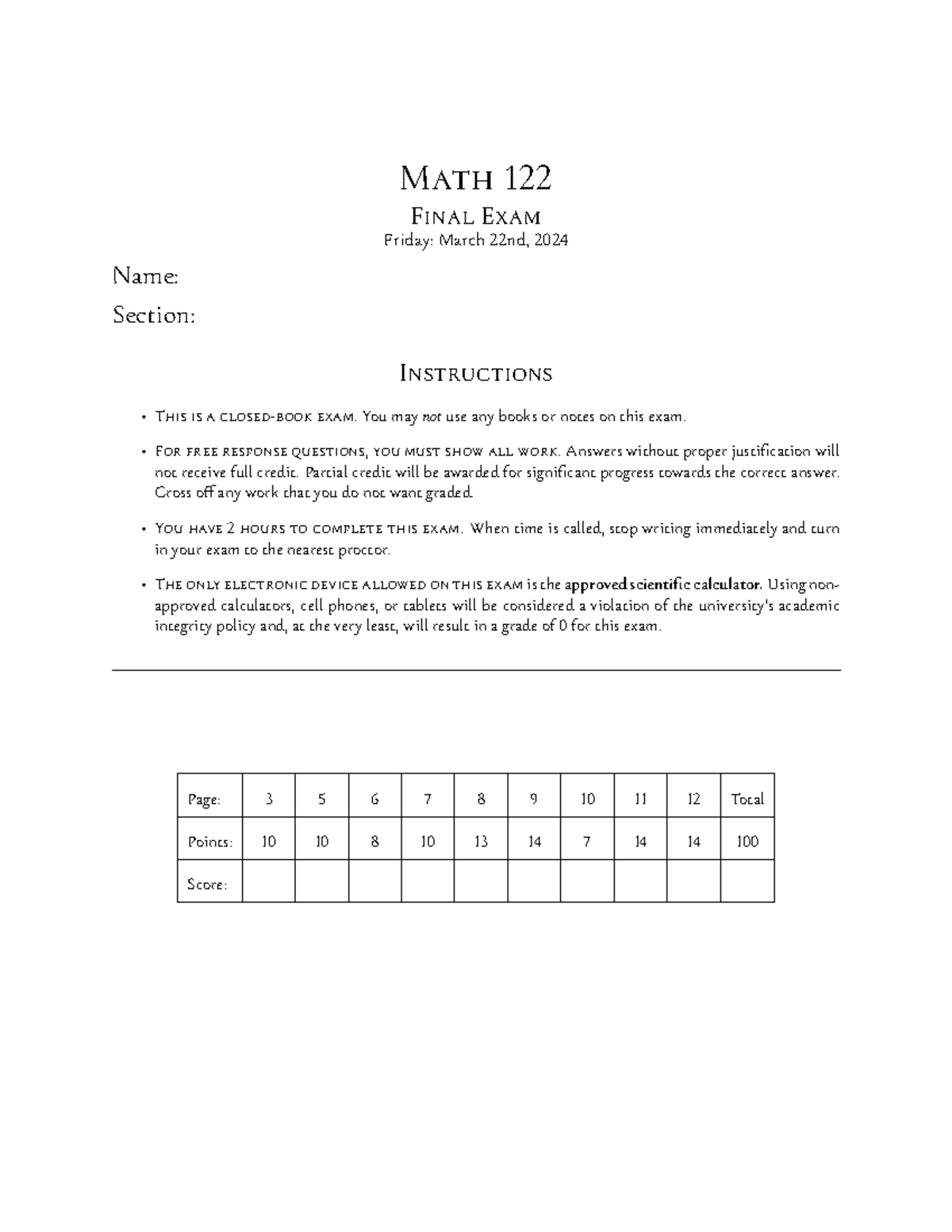 Math 122 Final Exam Solutions - March 22, 2024 - Studocu