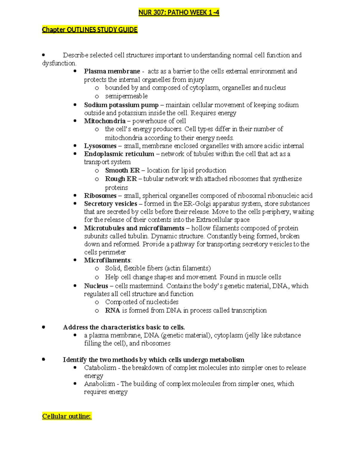 NUR 307: Pathophysiology WEEK 1-4 Study Guide on Cell Structures and ...