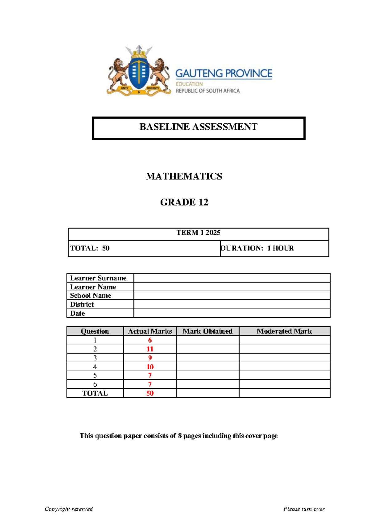 2025 Grade 12 Mathematics Baseline Test - Total 50 Marks - Studocu