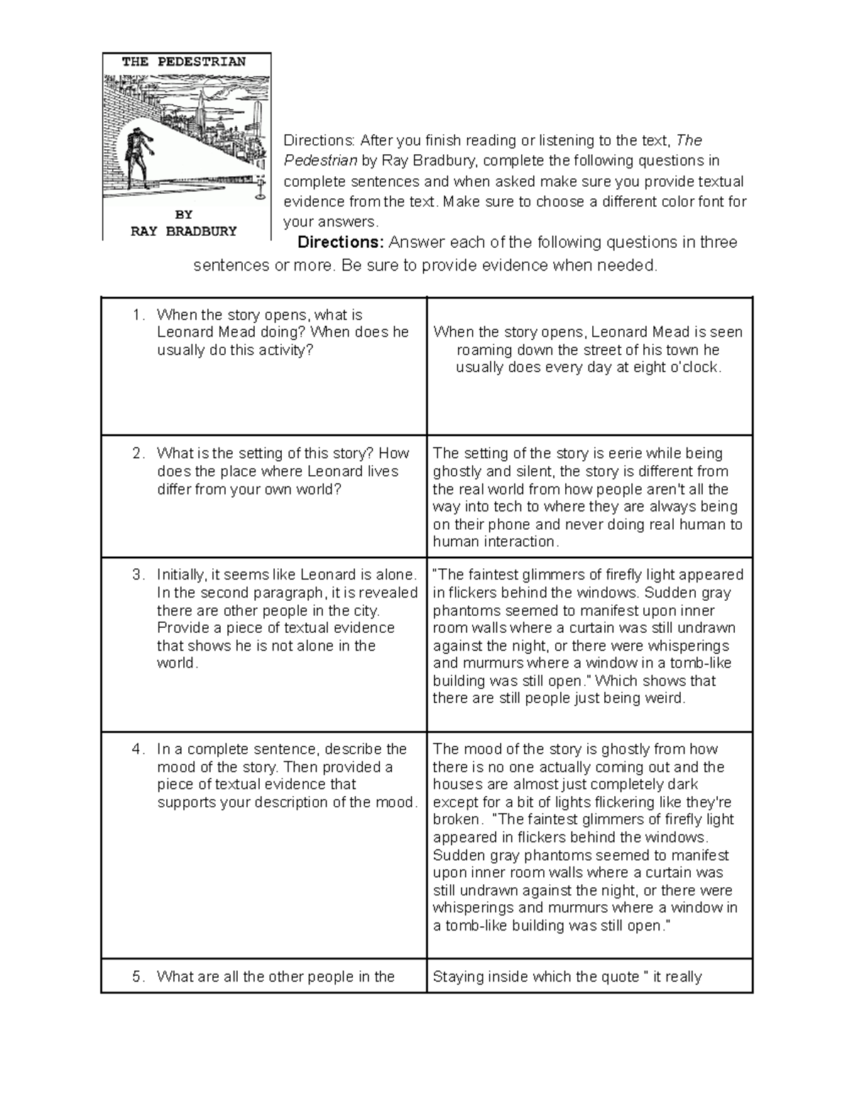 The Pedestrian (Ray Bradbury) Reading Questions and Analysis - Studocu