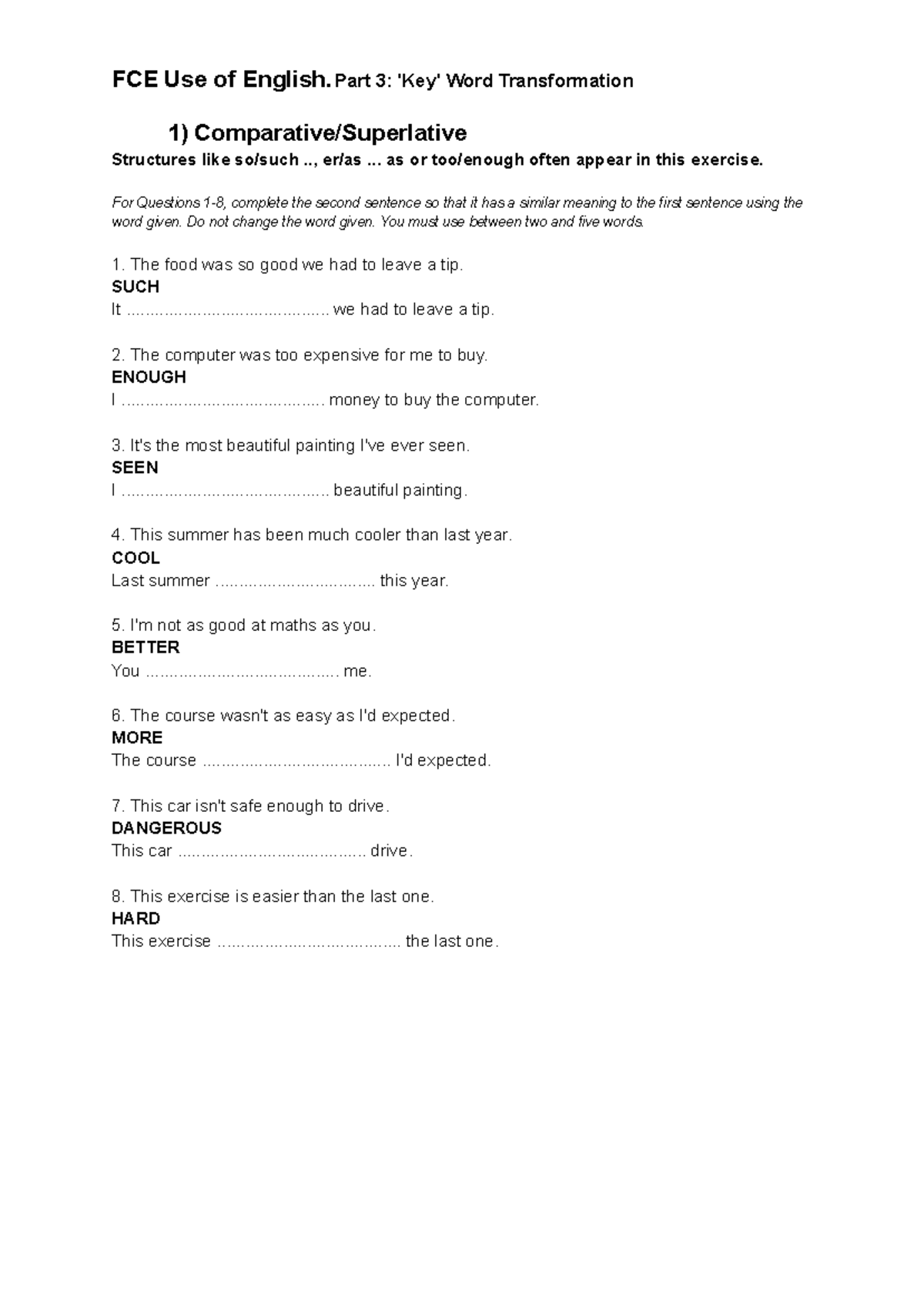 FCE Use of English: Word Transformation Practice Exercises - Studocu