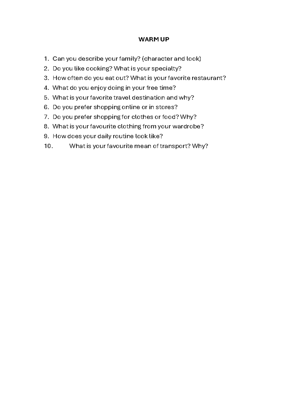 Zajęcia konwersacyjne: Warm Up i Dialogi w Restauracji - Studocu