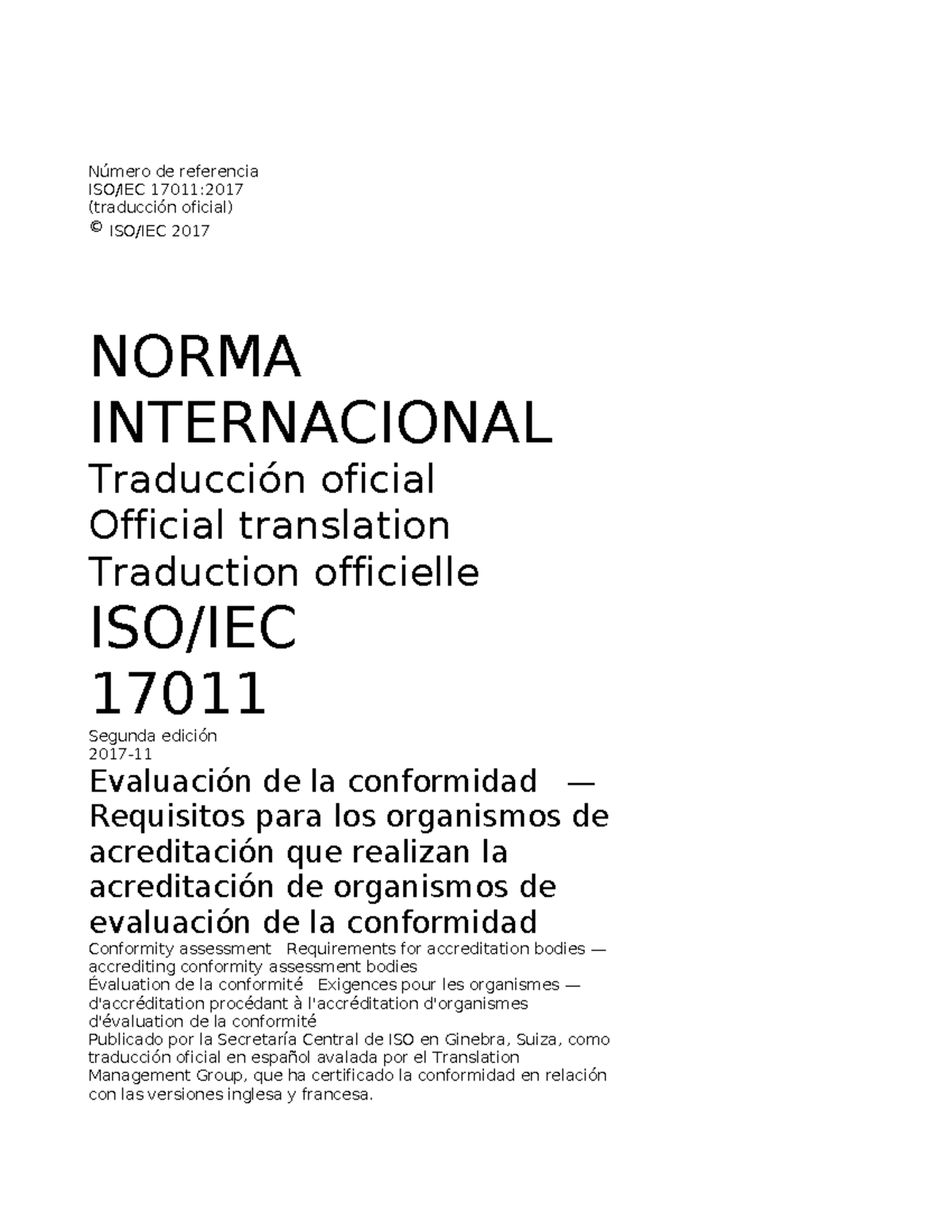 ISO 17011:2017 - Requisitos para Organismos de Acreditación - Studocu