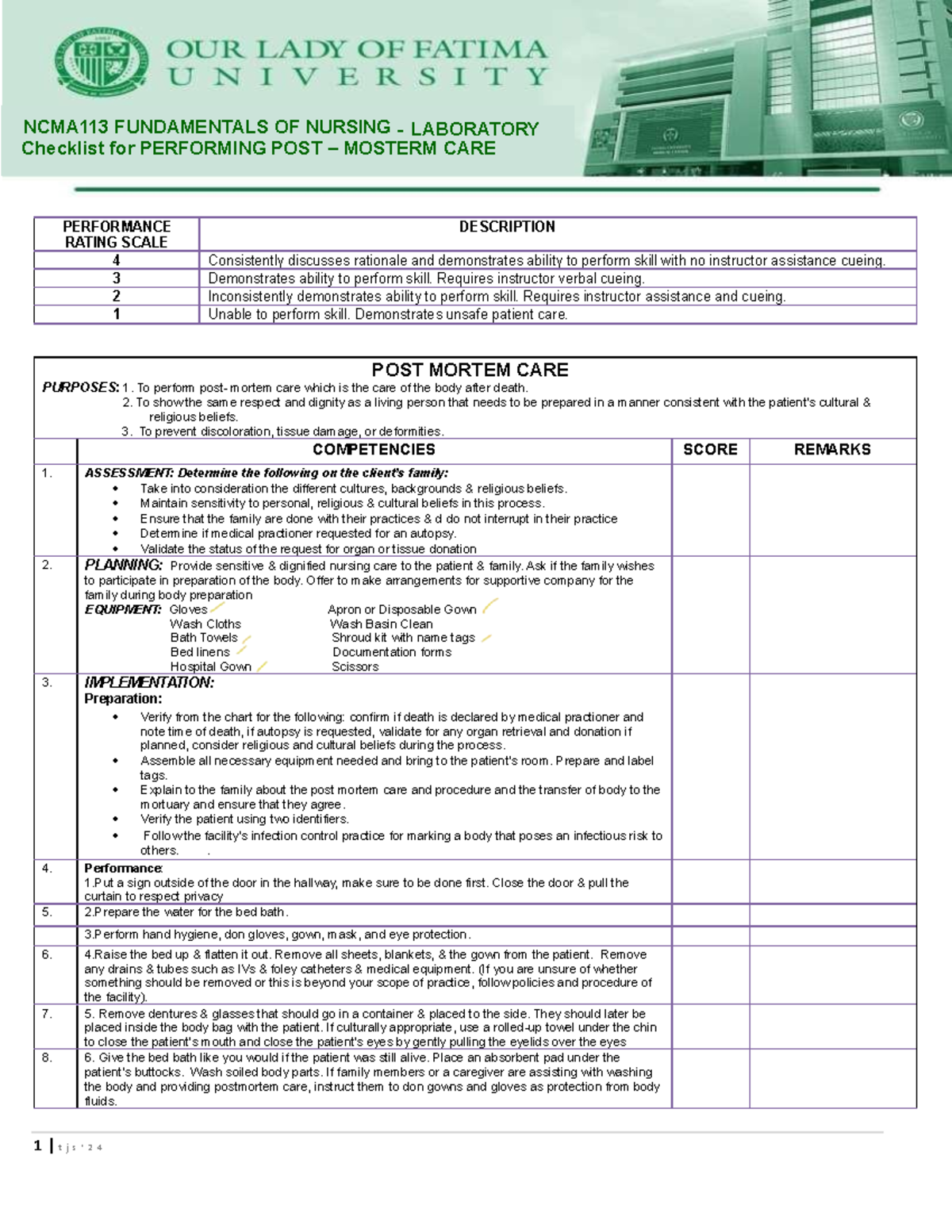 NCMA113 Post Mortem Care Performance Checklist and Guidelines - Studocu