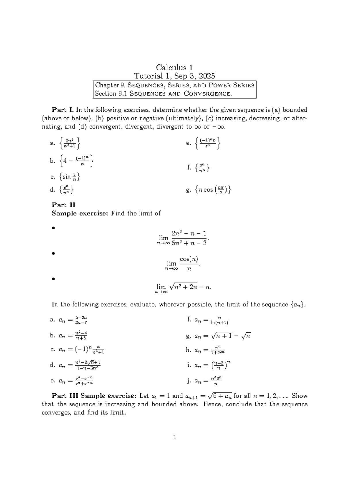 Calculus 1 (MATH101) Tutorial 01: Sequences & Convergence Limits ...